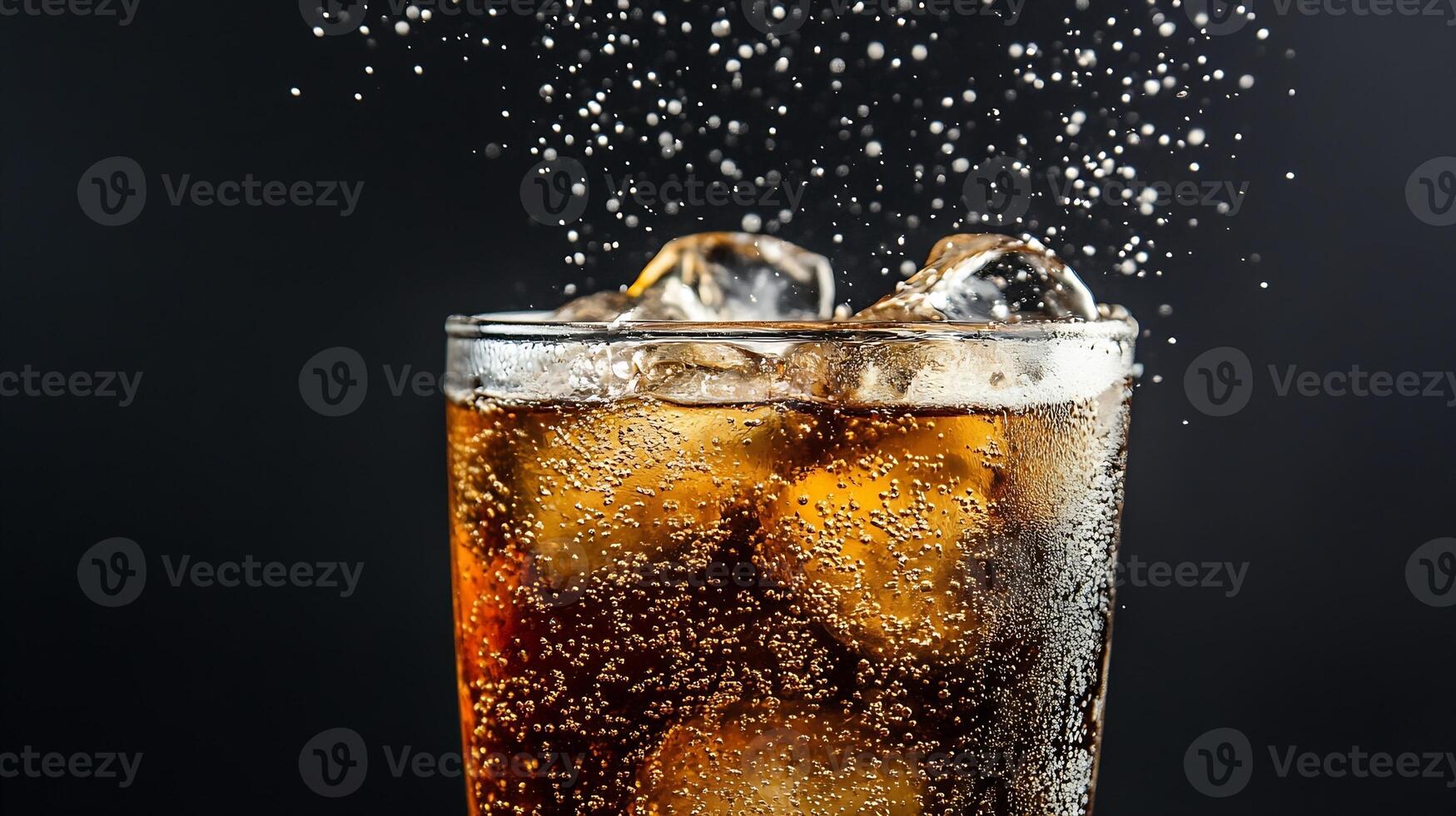 Refreshing carbonated cola in glass with ice and bubbles against black background 55249134 Stock ...