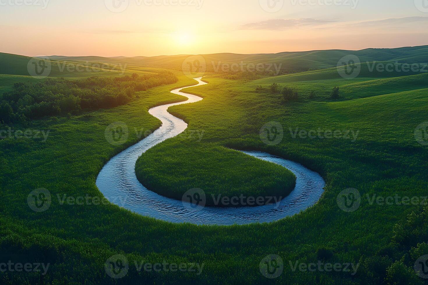 Serene Sunset Over a Meandering River in Lush Green Landscape 55260217 ... Serene Sunset Over a Meandering River in Lush Green Landscape 55260217 ...
