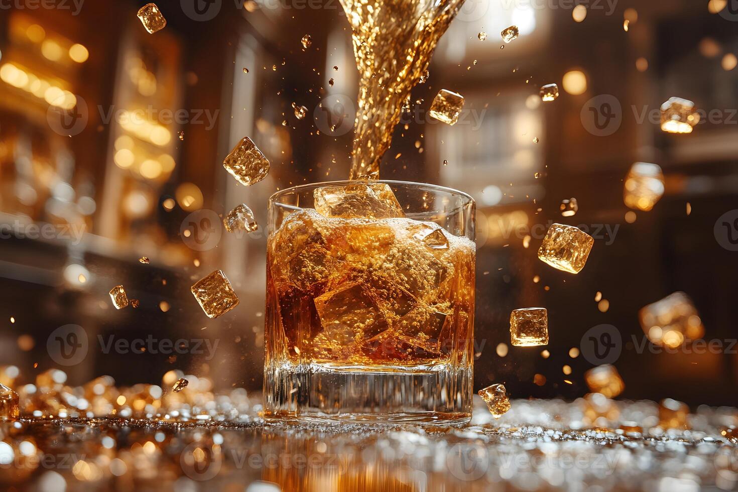 Golden Whiskey Splash with Ice Cubes in a Bar Setting for Beverage Advertisements 55260470 Stock ...