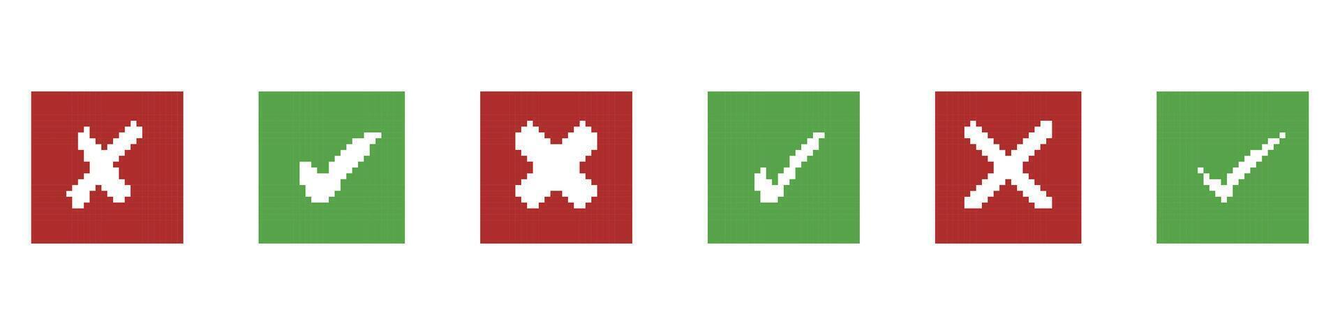 Pixel Art Green Check Marks and Red X Icons Set in Squares. Approval and Rejection Symbol in UI ...