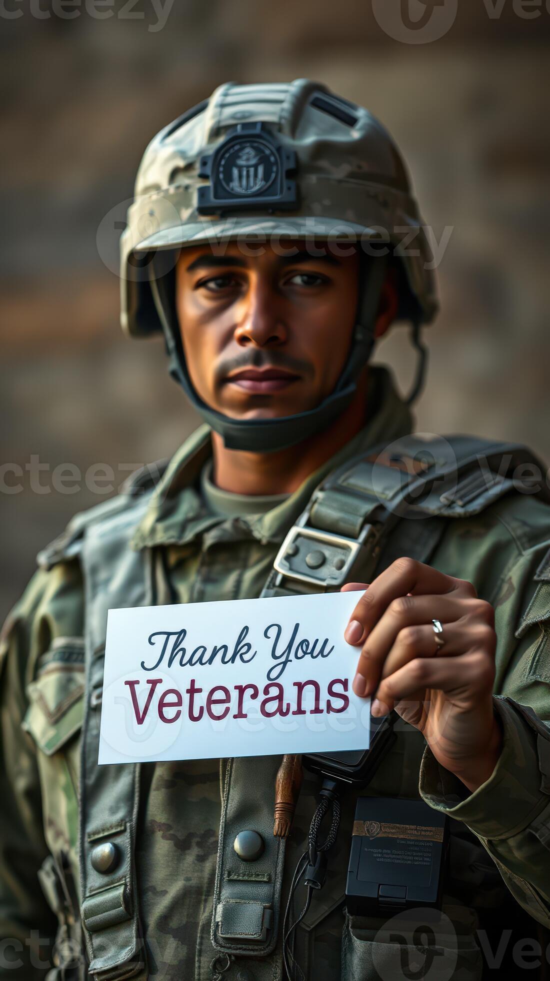 Soldier expresses gratitude to veterans with a heartfelt message in a military setting 55266017 ...