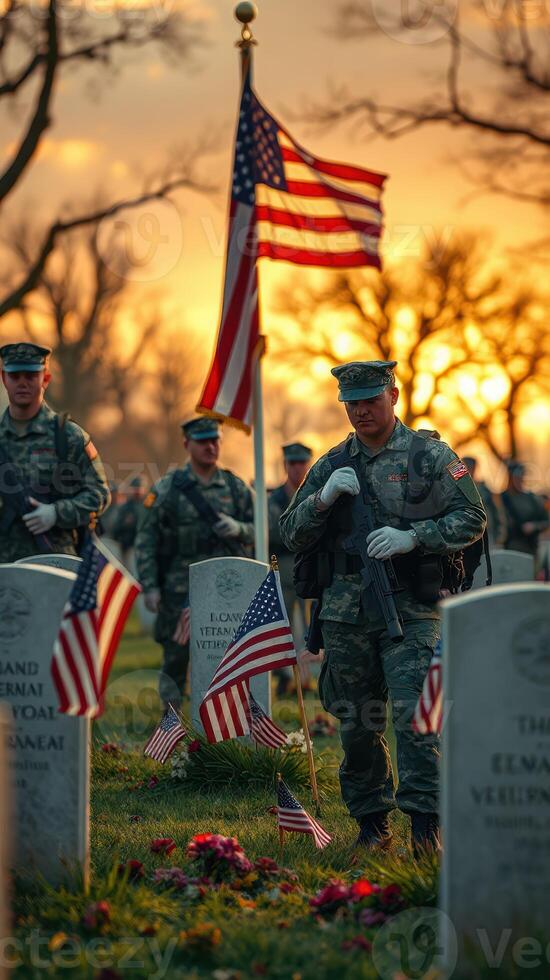 Military personnel honor veterans during a memorial service at sunset ... Military personnel honor veterans during a memorial service at sunset ...