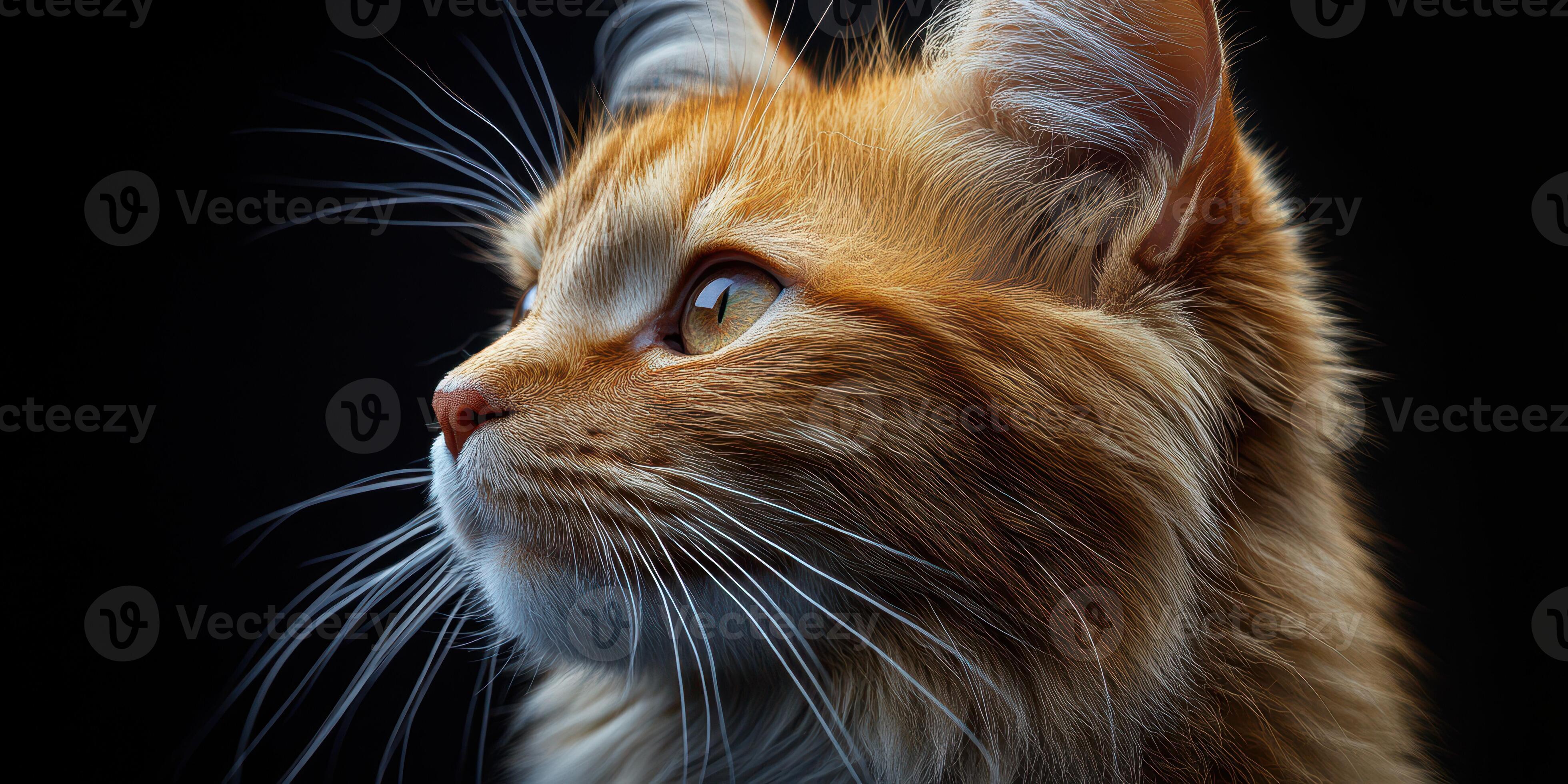 Orange tabby cat gazing thoughtfully in low-light setting with detailed ...