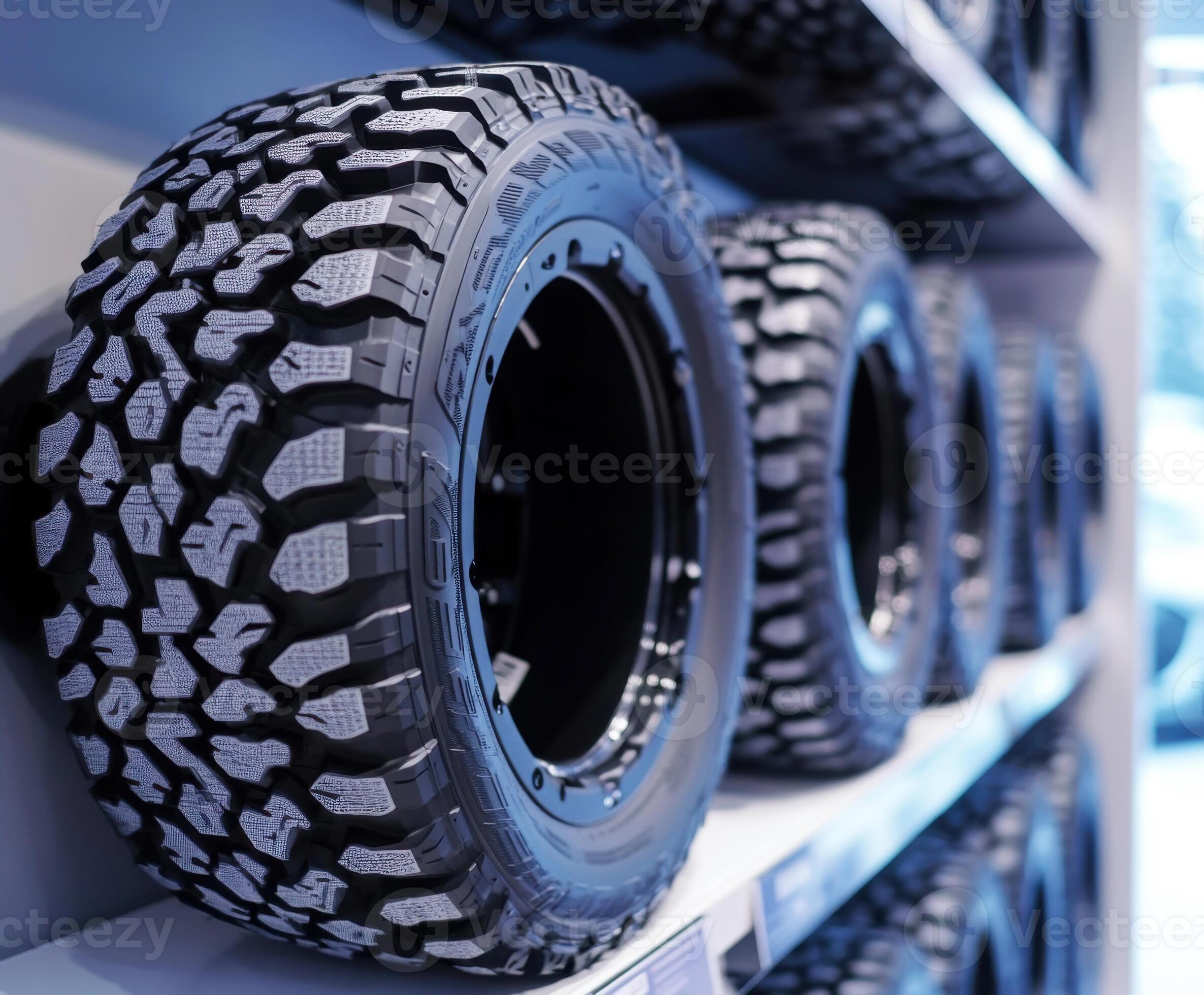Display of all-terrain tires in a modern automotive store showcasing various tread patterns and ...