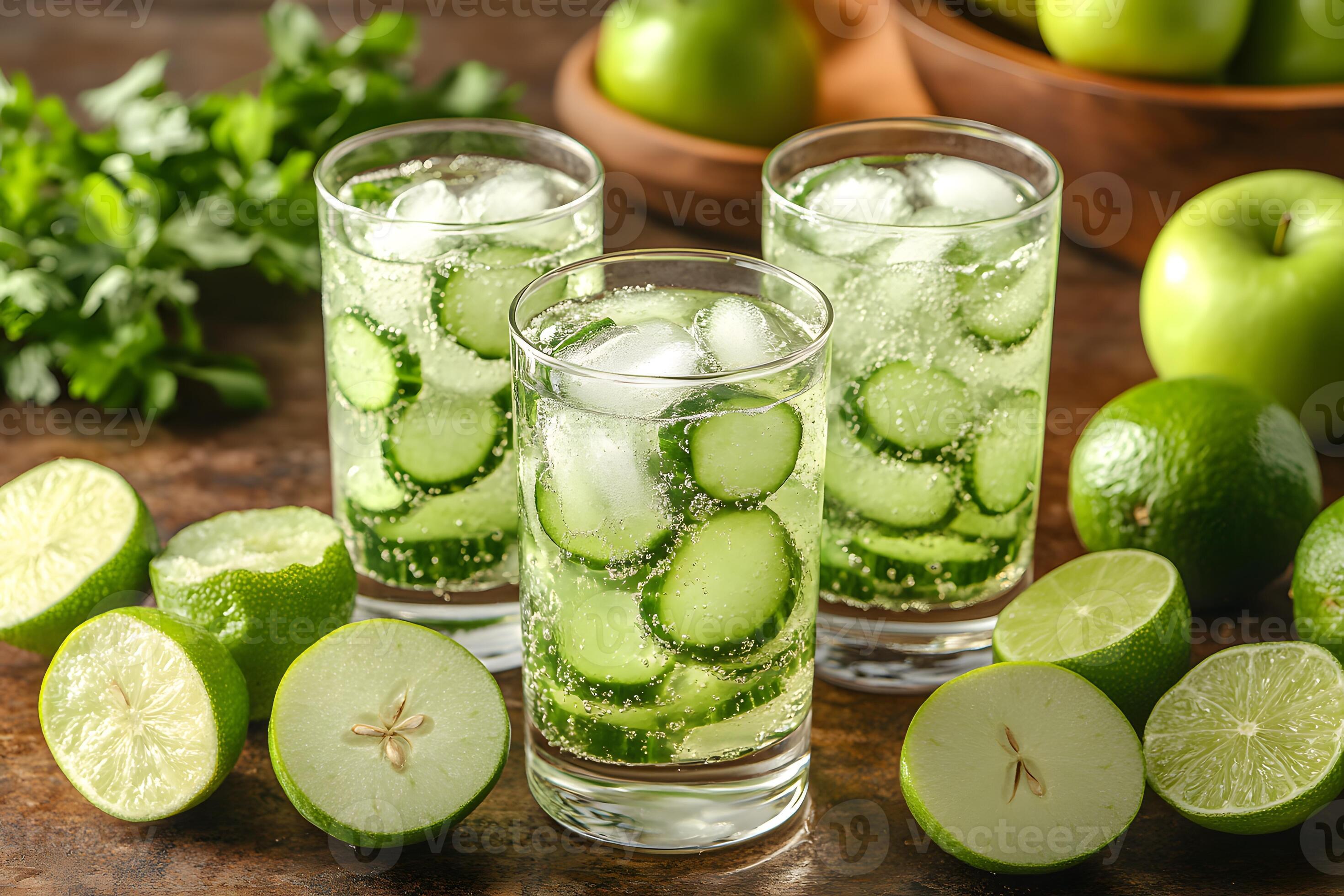 Refreshing Green Apple and Lime Sparkling Water with Cucumber Slices for Summer Hydration ...