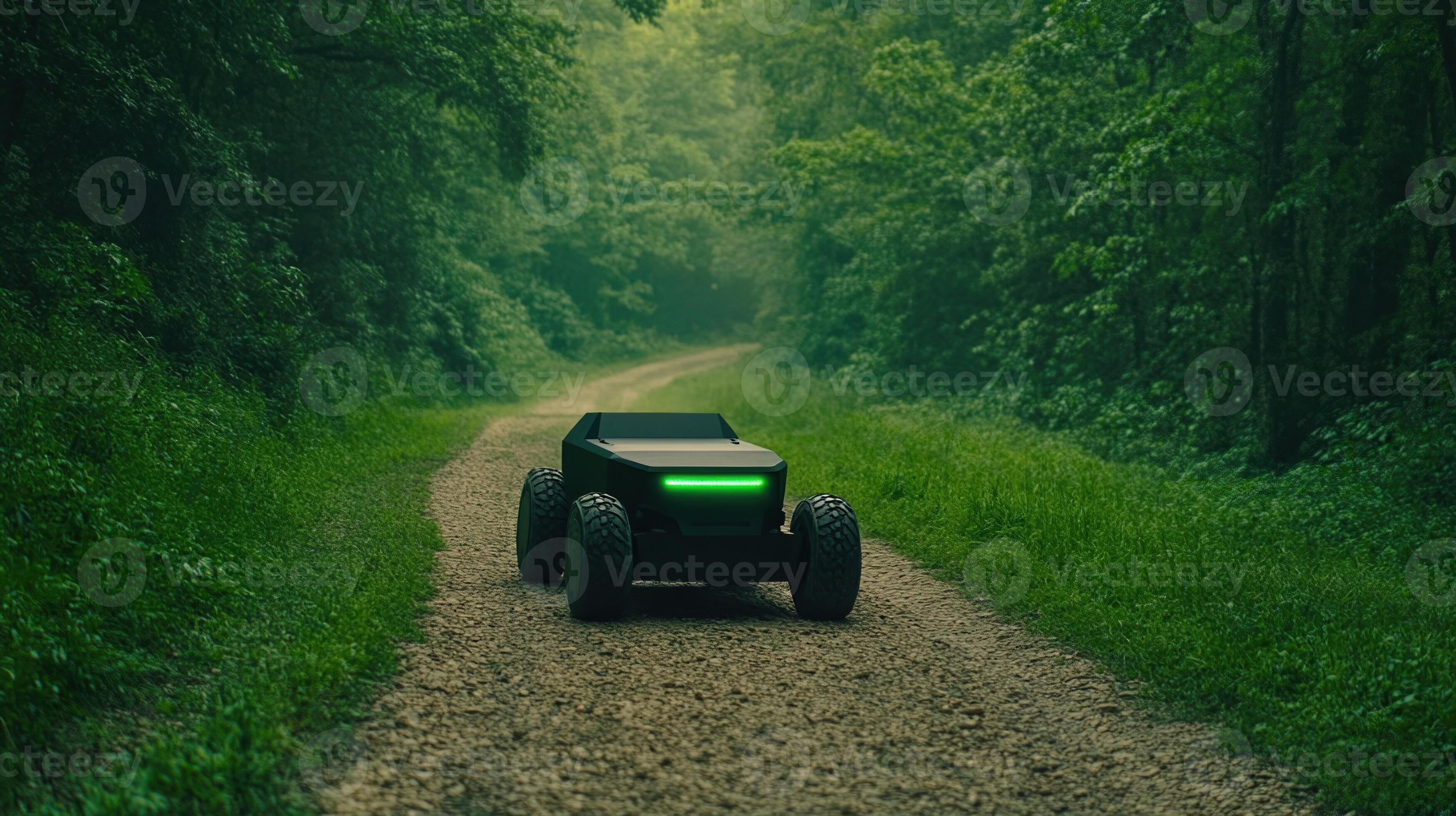 Futuristic Sound-Driven Orchard Buggy on Forest Path with Green Screen ...