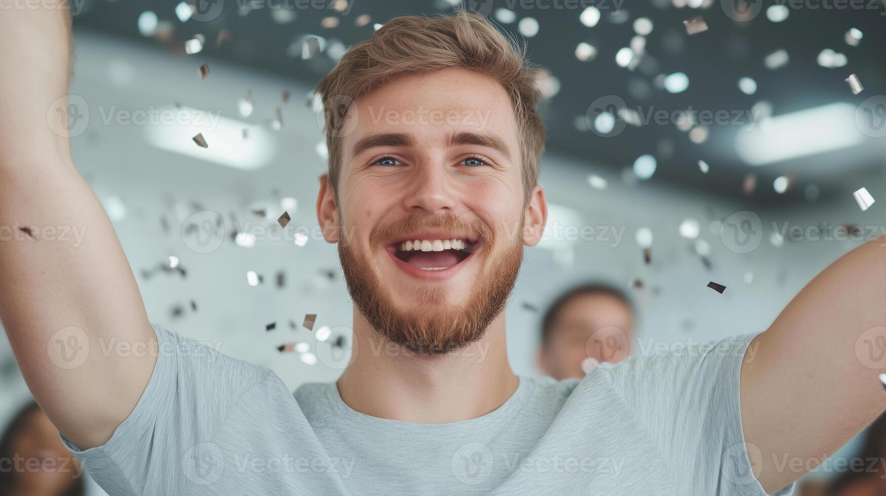 Celebratory Team Milestone in Modern Office with Confetti and Joyful Expressions Highlighting ...