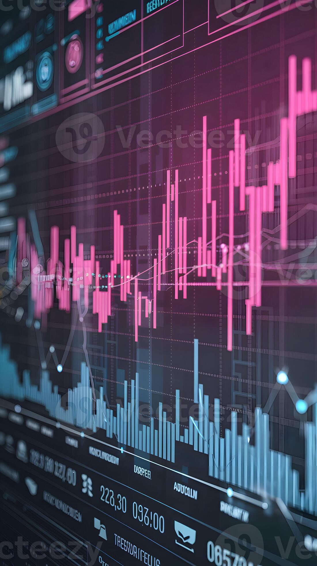 Digital display with fluctuating line graph, icons, and textual data ...