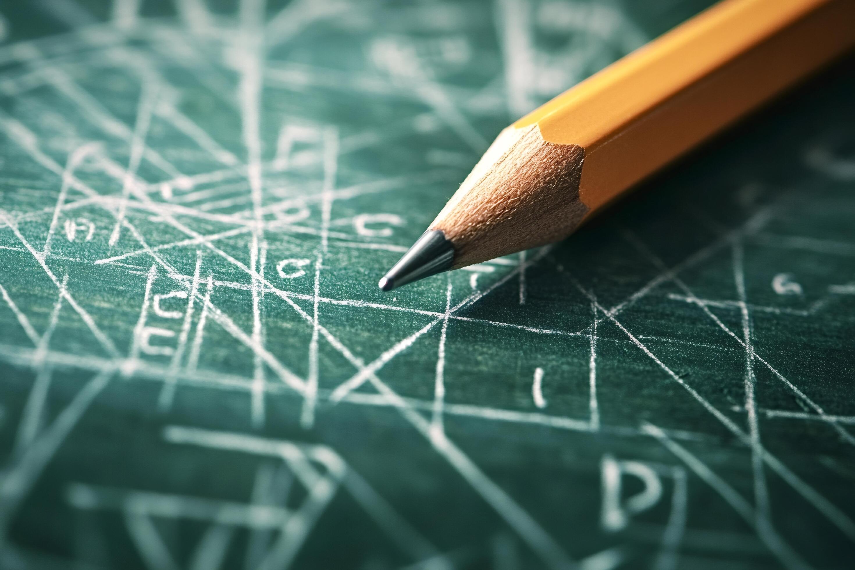 Pencil pointing at solution of complex algorithm drawn on chalkboard ...