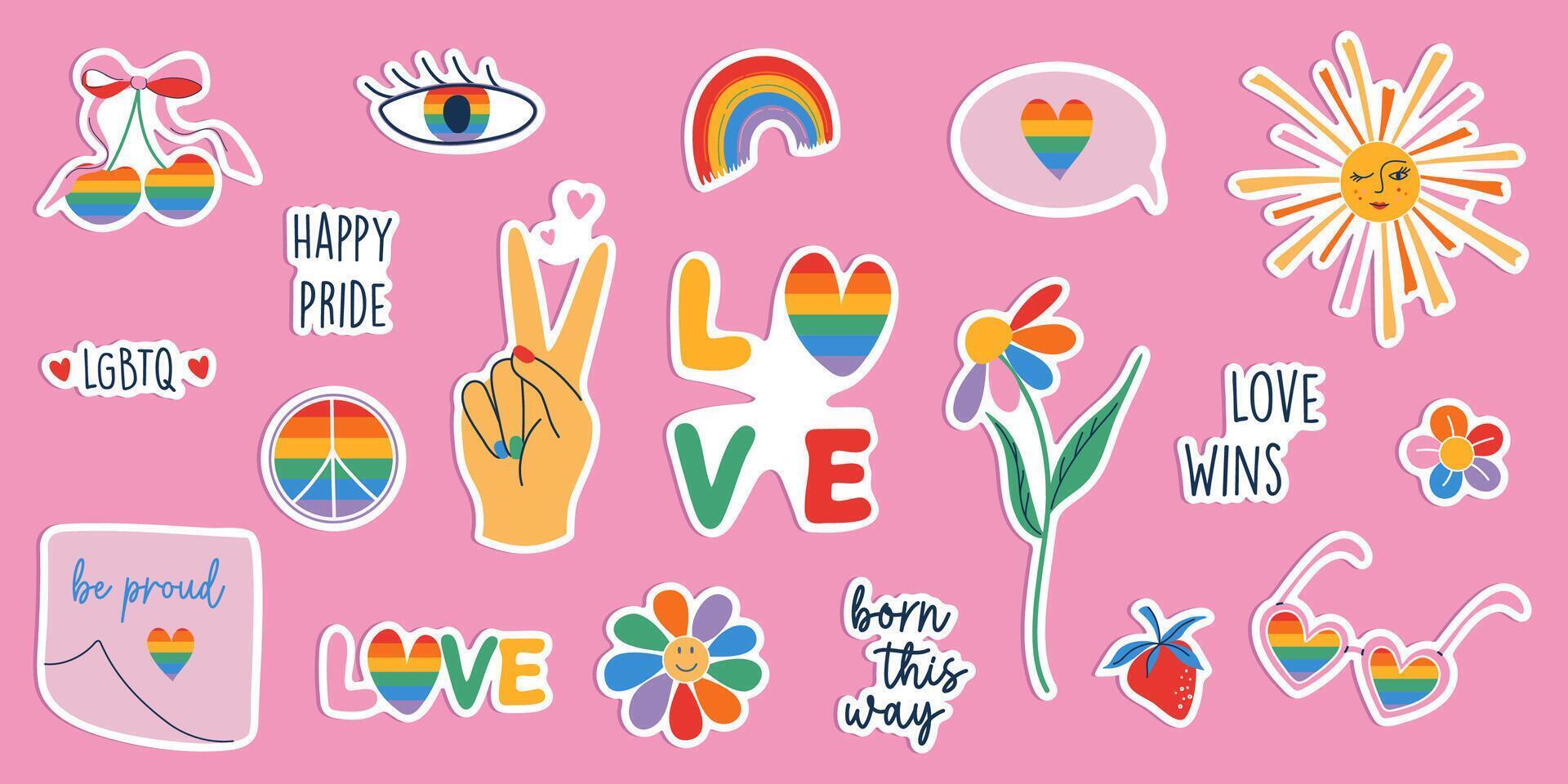 Happy Pride LGBTQ element set. LGBTQ community symbols with groovy ...