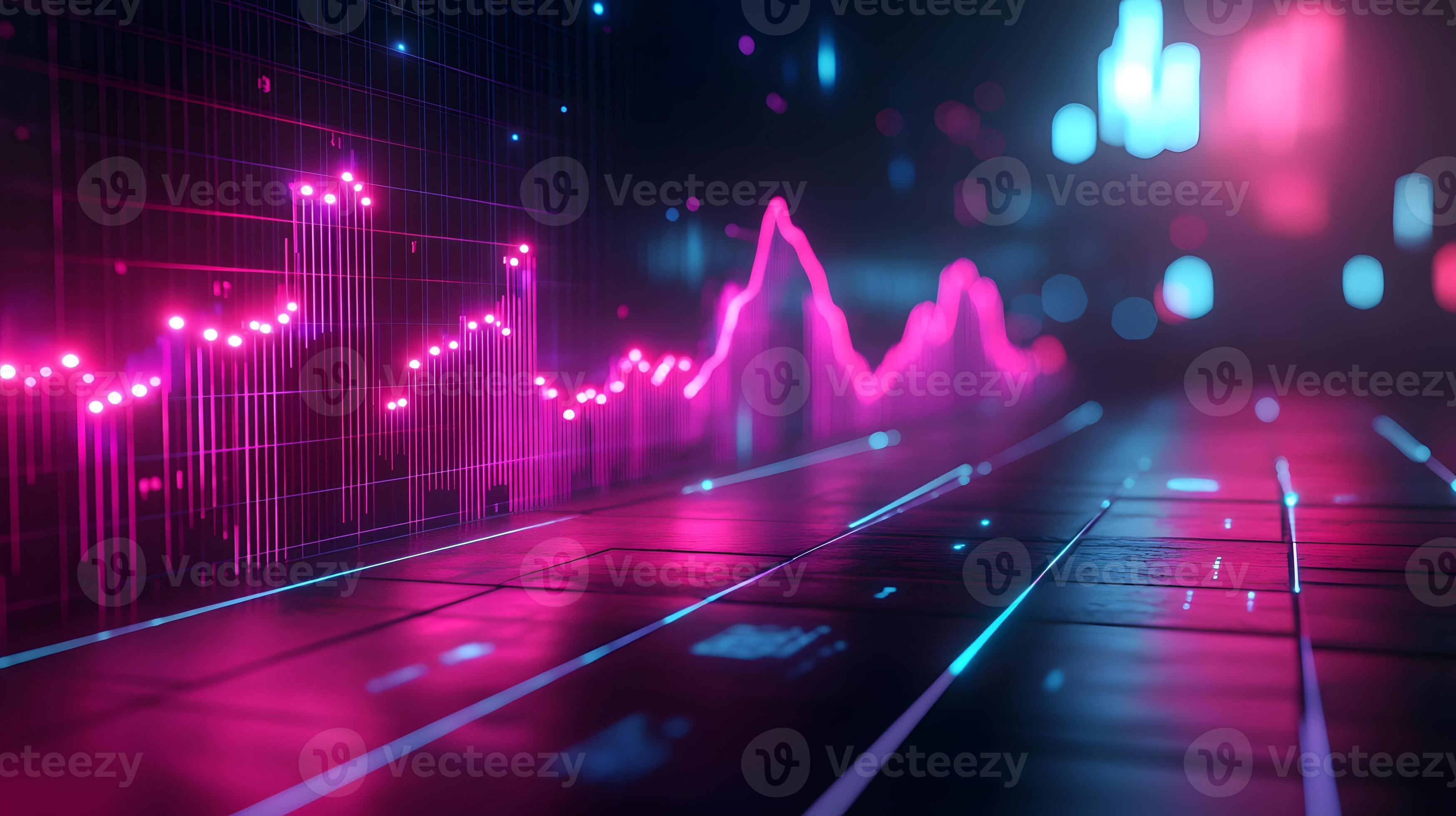 Neon financial chart features pink and blue gradients with upward trends, presented in 3D ...