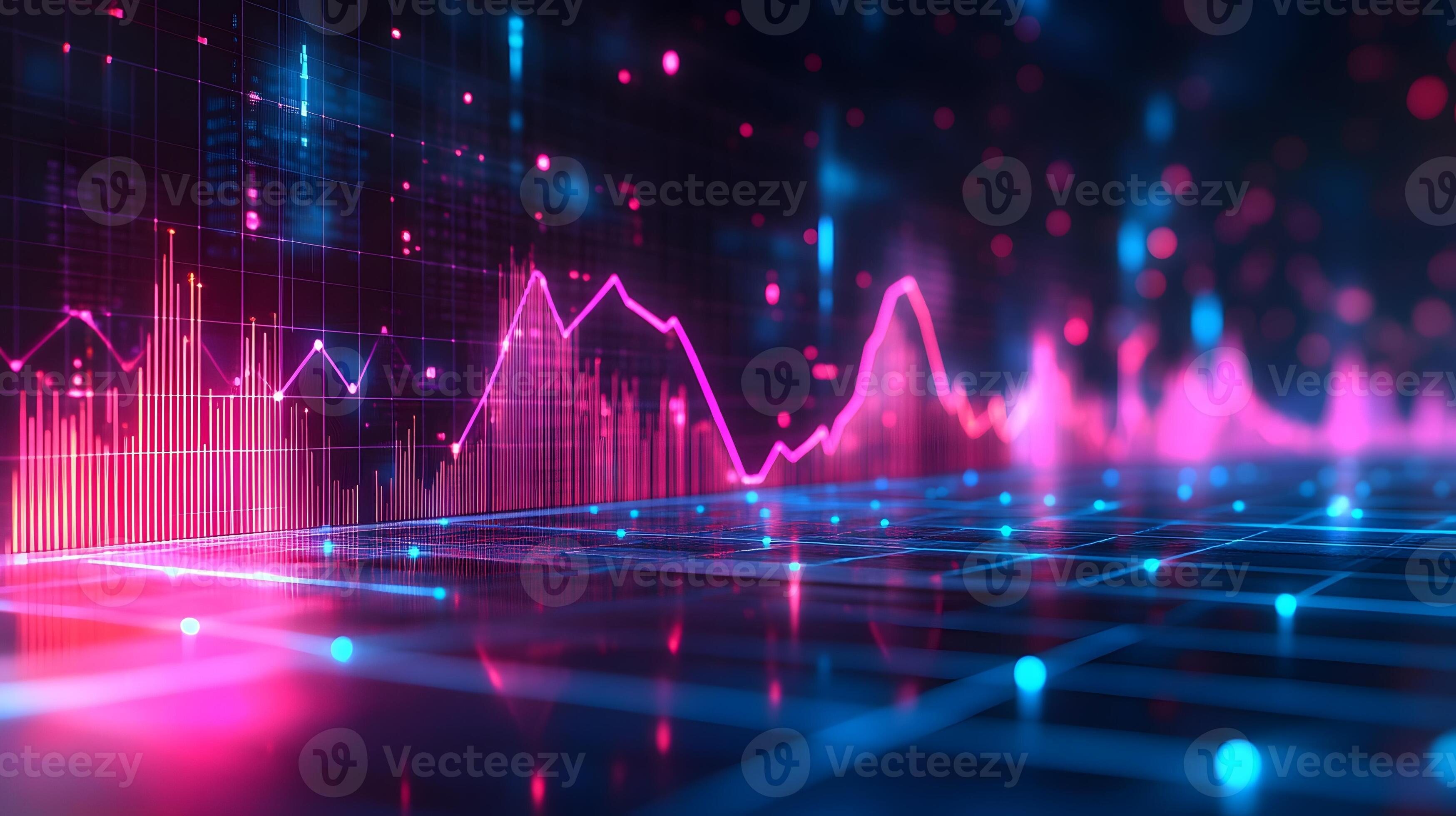 Neon financial chart features pink and blue gradients with upward trends, presented in 3D ...
