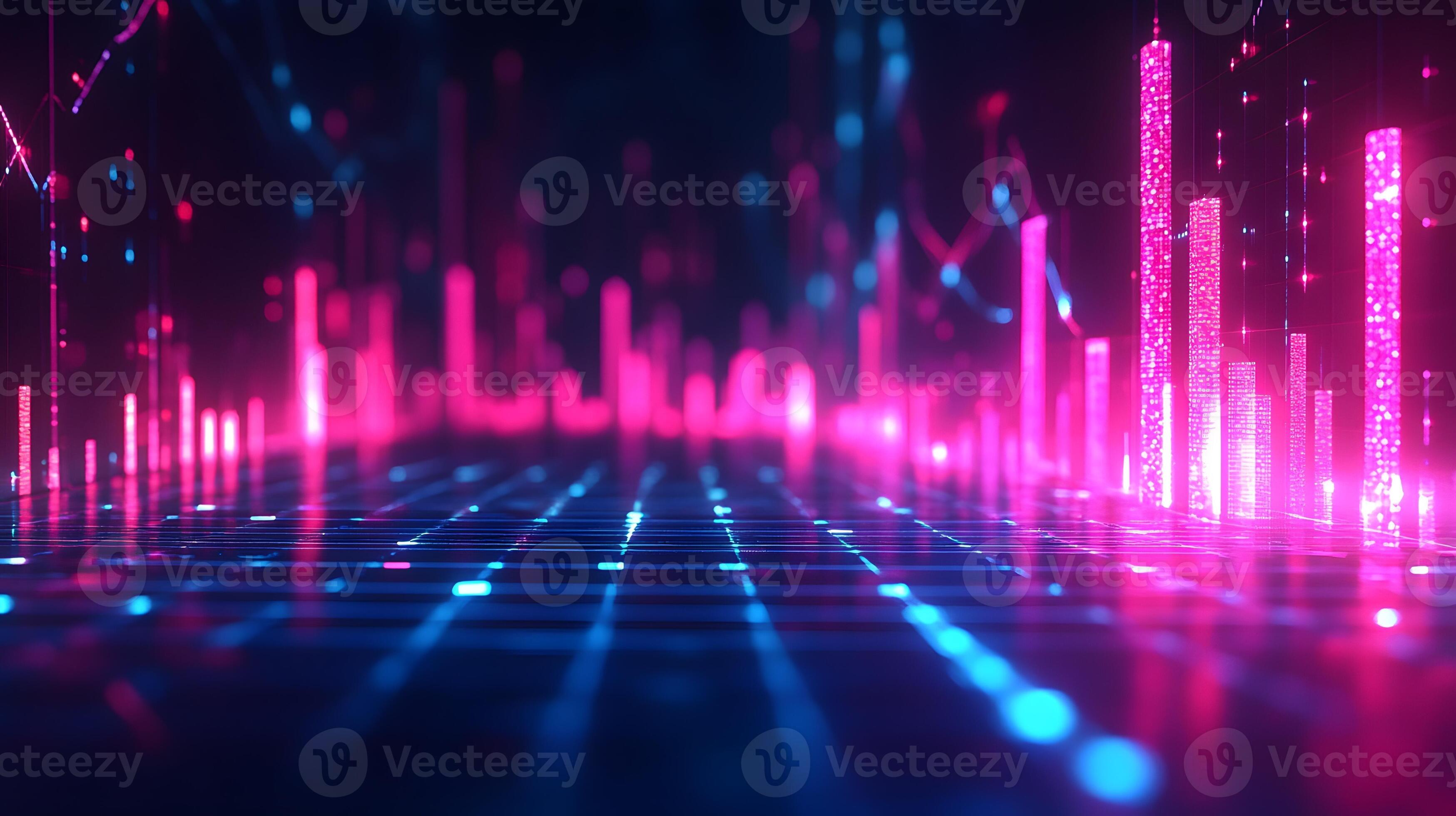 Neon financial chart features pink and blue gradients with upward trends, presented in 3D ...