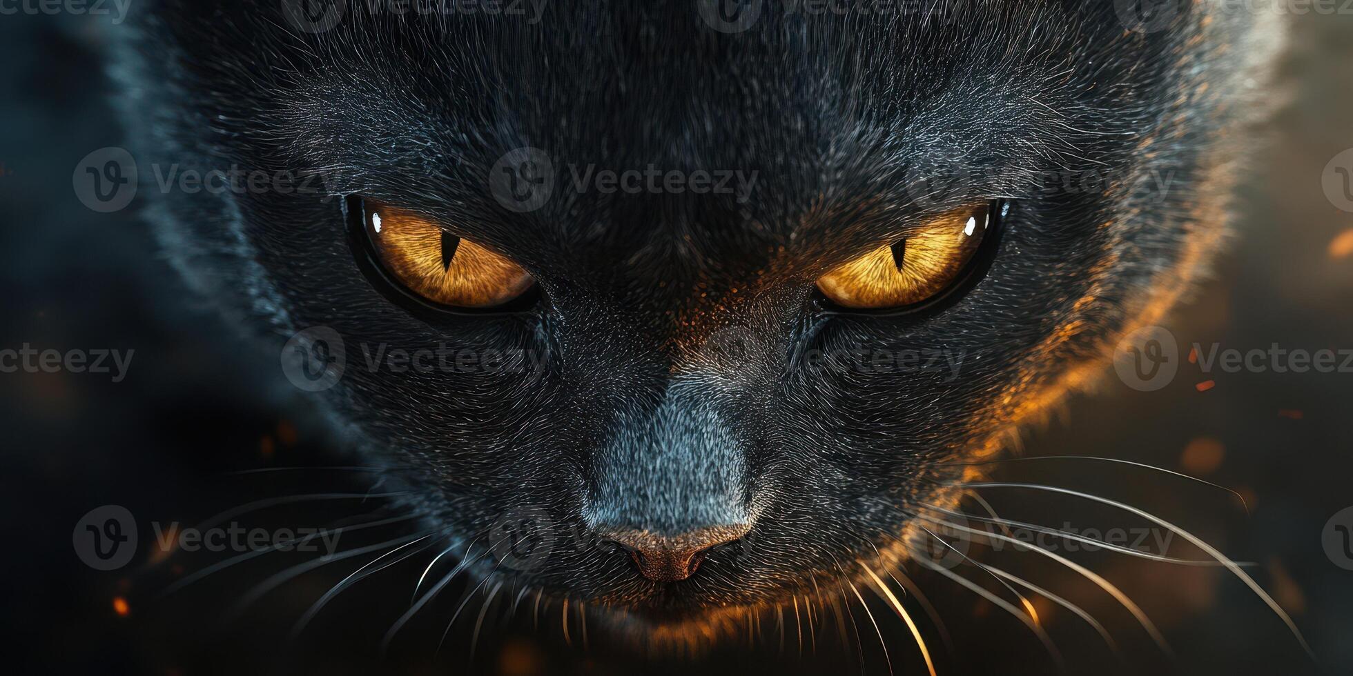 Mysterious black cat with striking amber eyes gazes intensely at the viewer in a dreamy ...