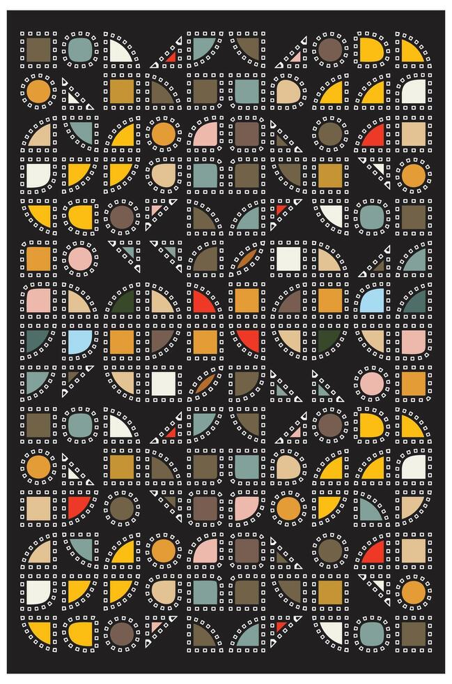 Abstract Geometric Pattern With Circles Arcs And Rectangles In Various Colors On A Black