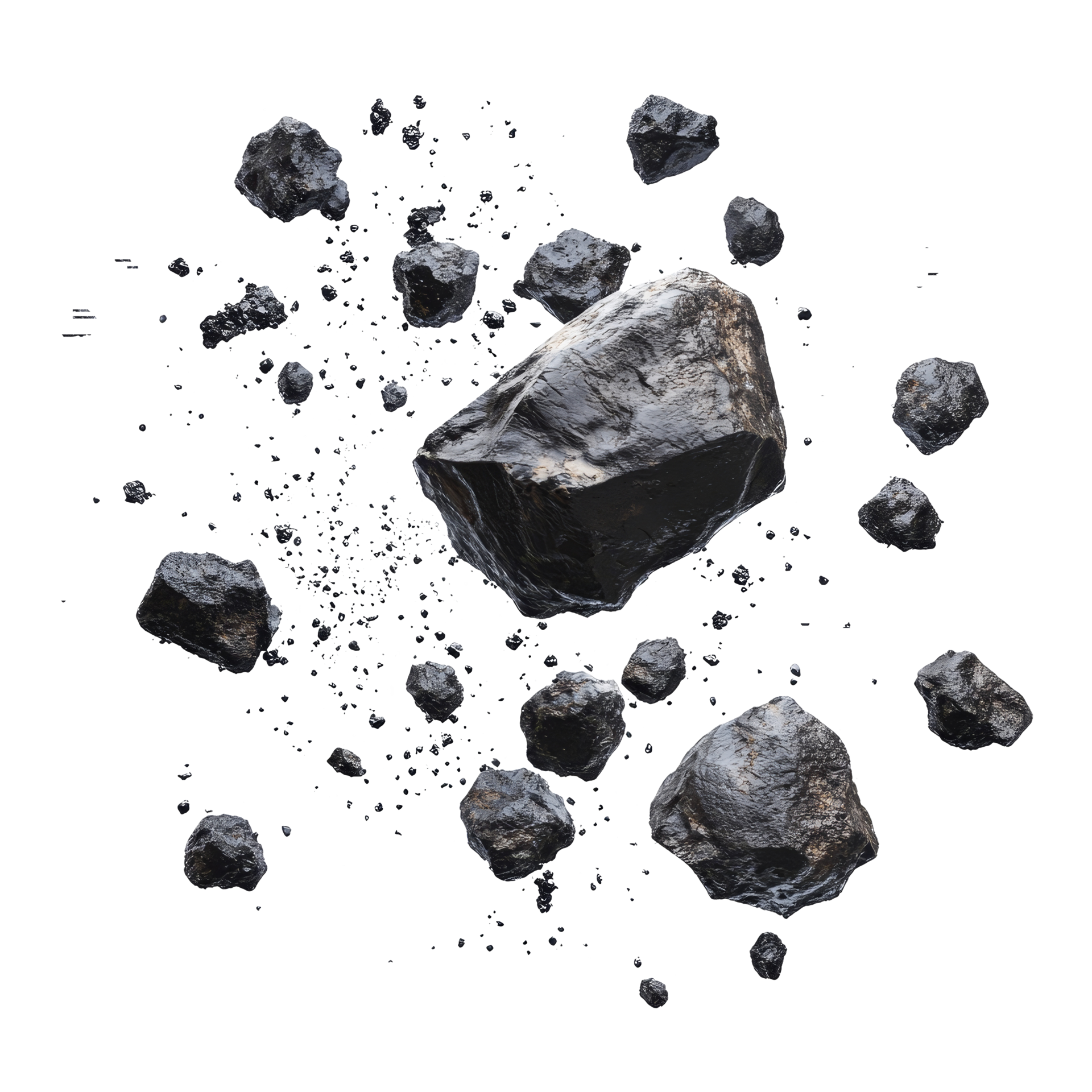 Asteroids scattered across a transparent background with a transparent hue highlighting their ...