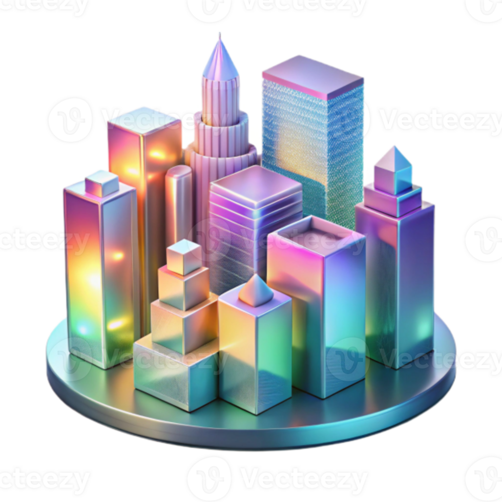 Iridescent Cityscape 3d Render Abstract Urban Architectural