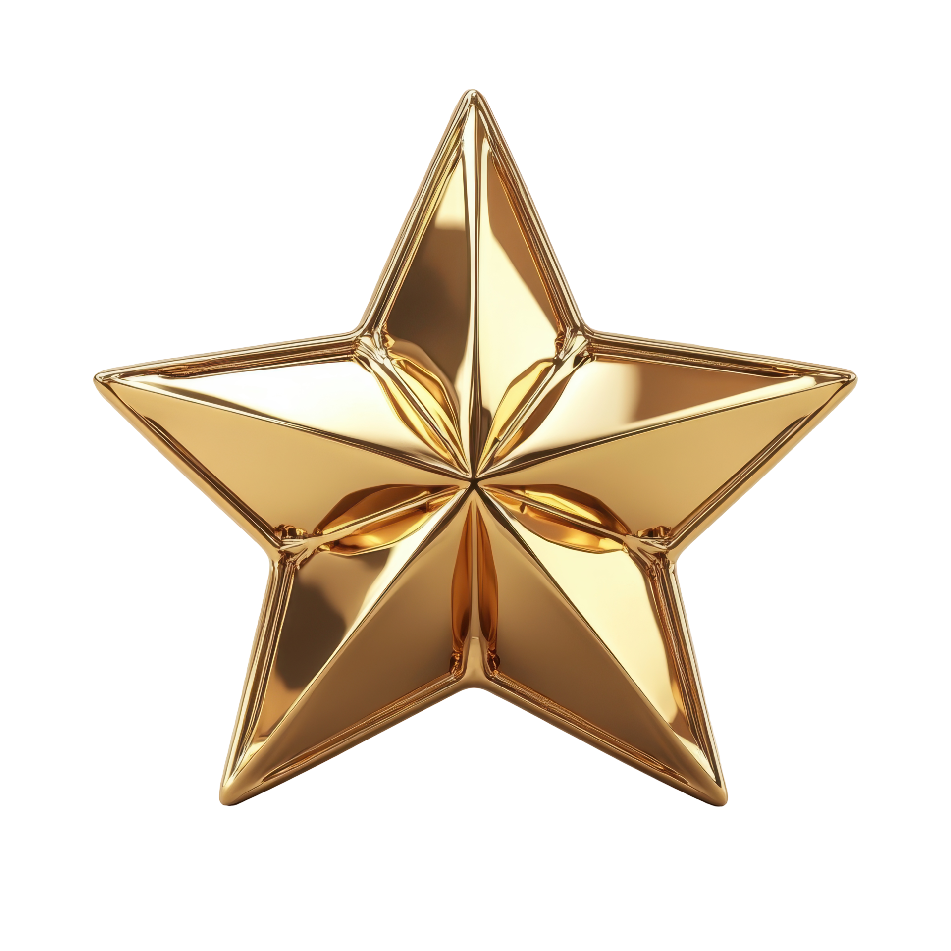 Shiny golden star sculpture with a reflective surface displaying intricate facets and a striking ...