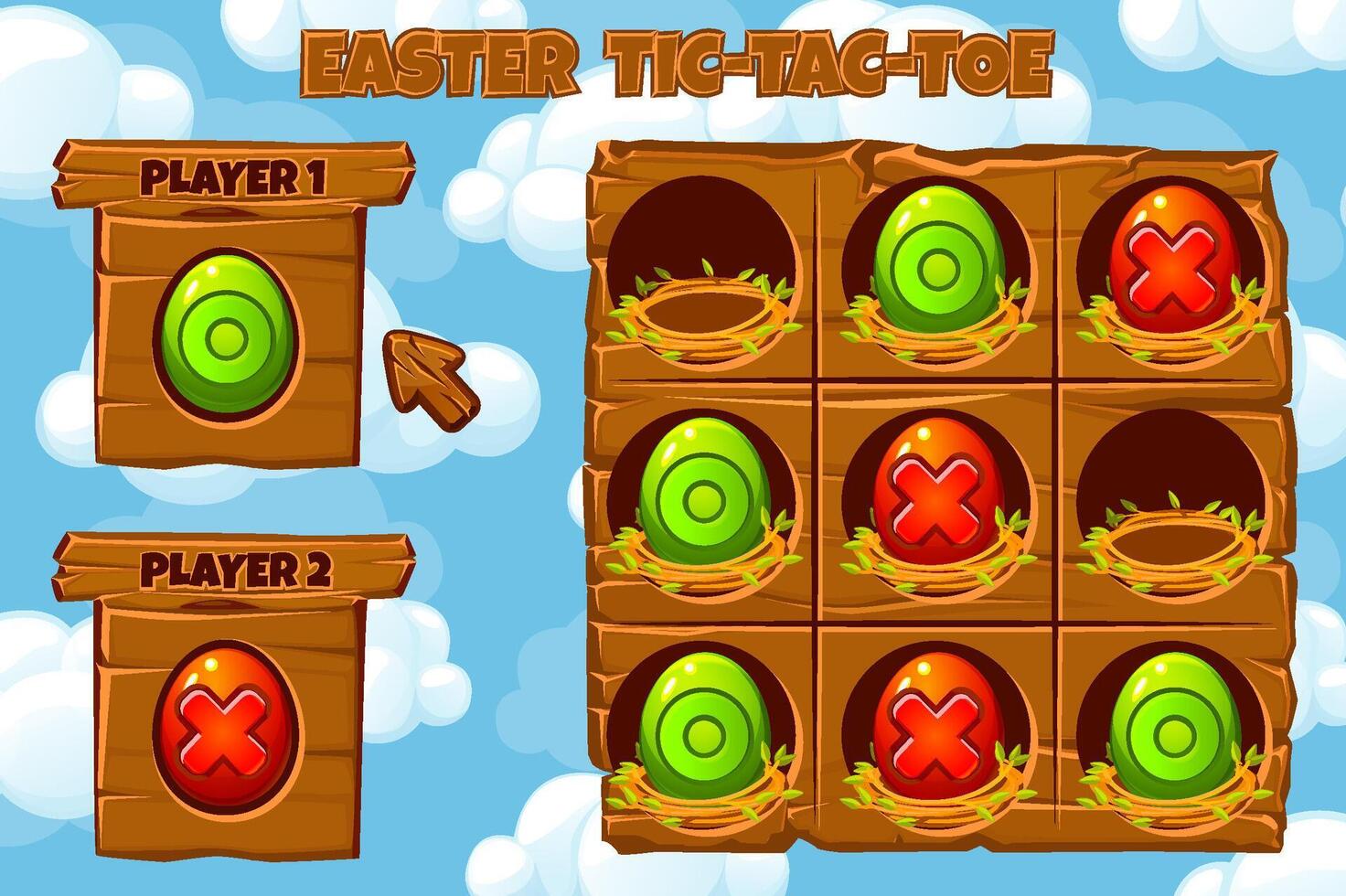 TIC-TAC-TOE game UI. Board game playing field with red and green eggs ...