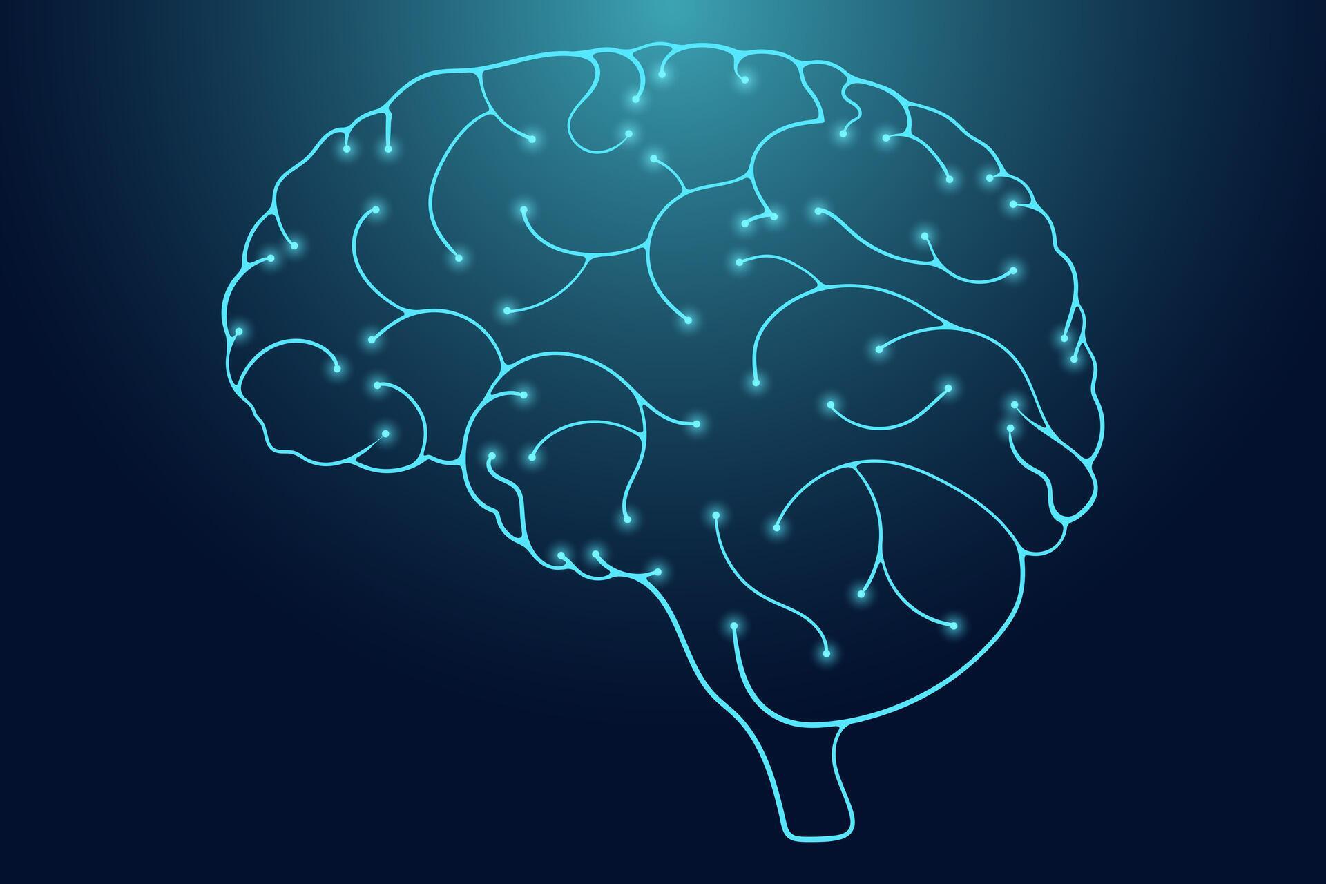 Glowing neon outline of a human brain with neural connections on a dark gradient background ...