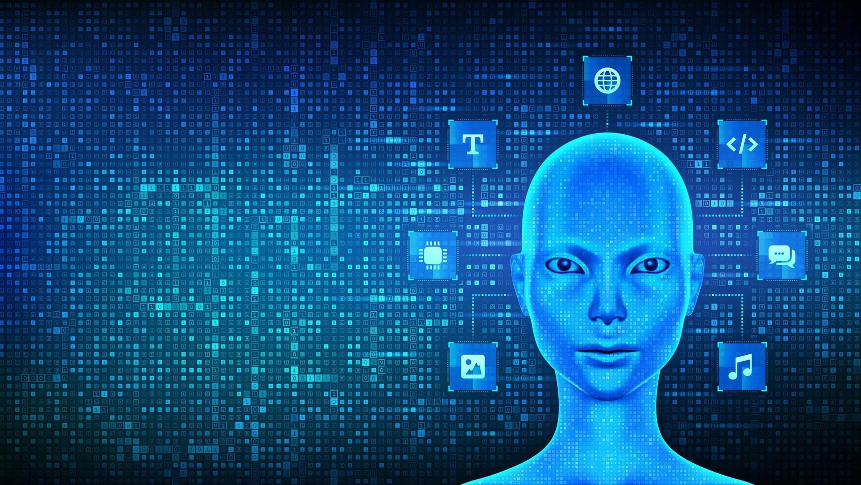 AI. Artificial intelligence concept. Cyborg woman head made with binary code. Female electronic ...