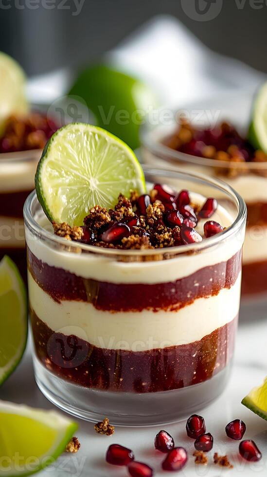 Layers of creamy dessert topped with pomegranate and lime served in glass cups at a cozy dining ...
