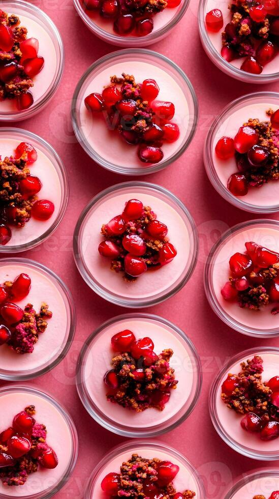 Delicious dessert cups with creamy pink layers topped with vibrant pomegranate seeds and crunchy ...