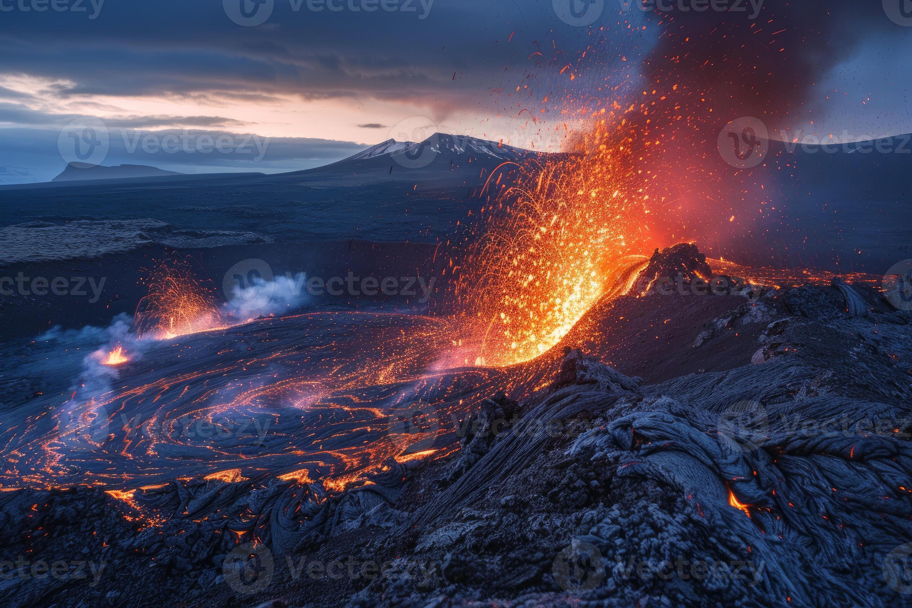 Volcano erupting with lava flowing over barren landscape at twilight 55358593 Stock Photo at ...