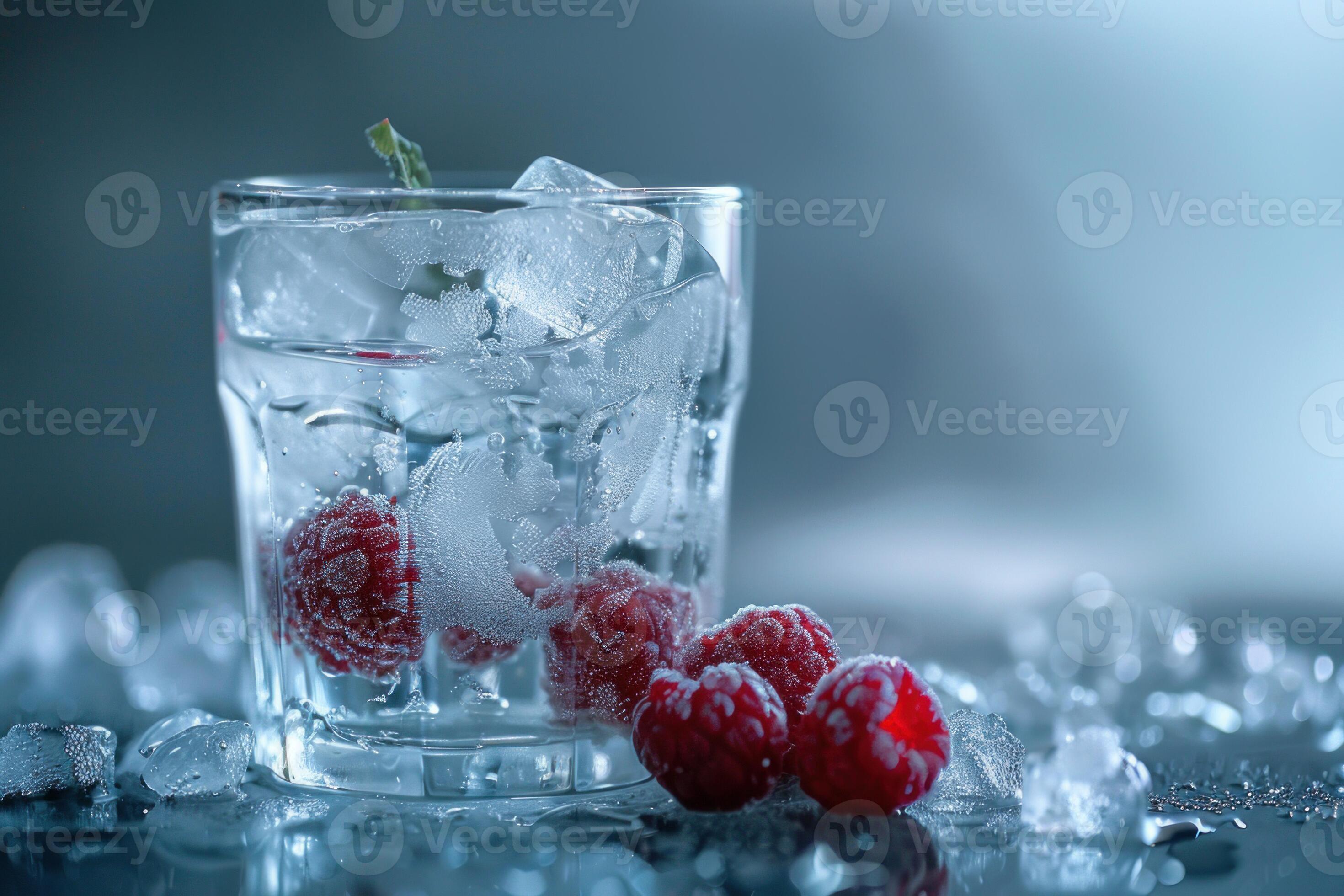 Refreshing glass of cold sparkling water with raspberries and ice cubes 55361024 Stock Photo at ...
