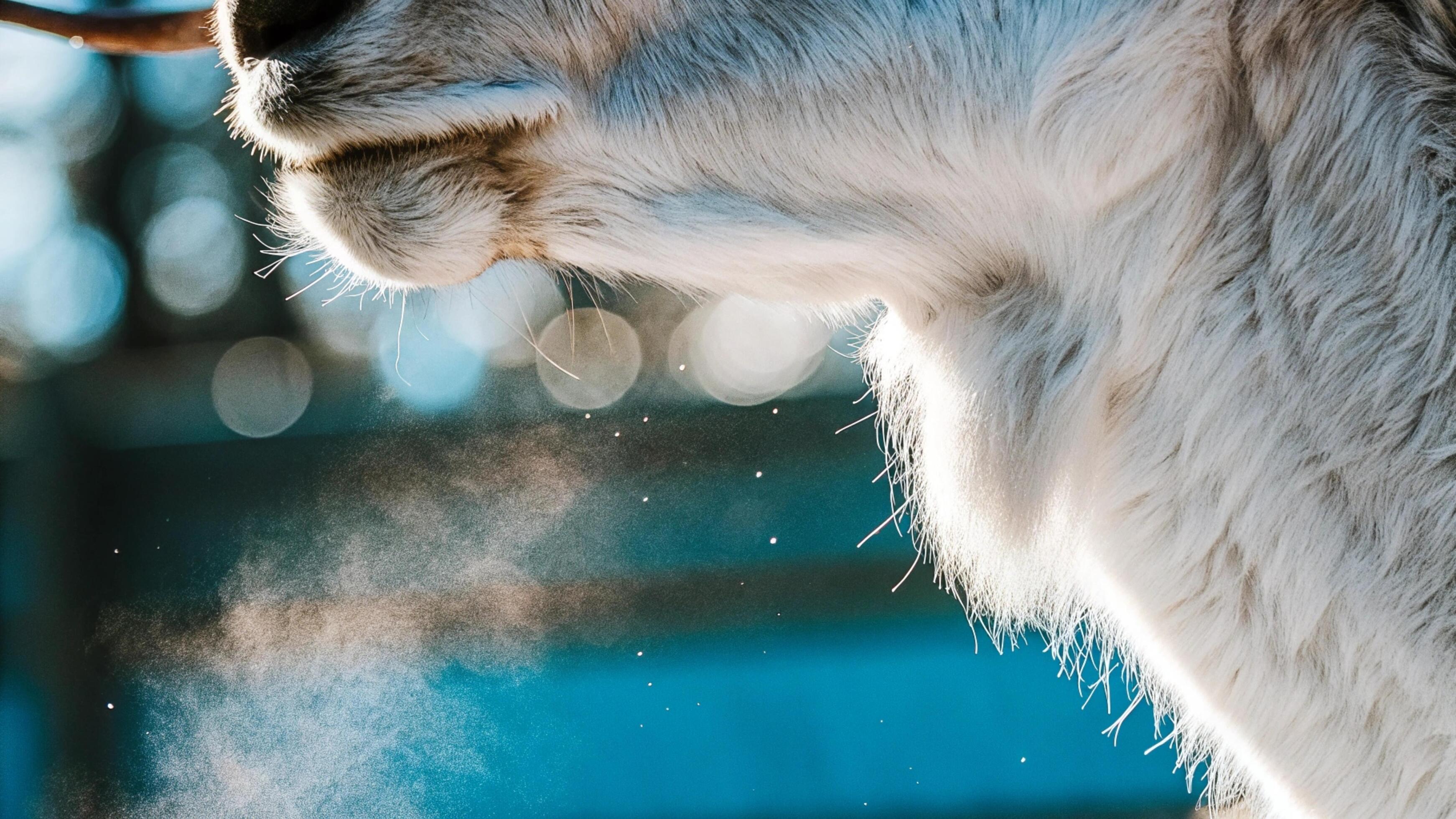 Detailed image of a reindeer's chest, showcasing the fluffy fur and gentle breathing, with a ...