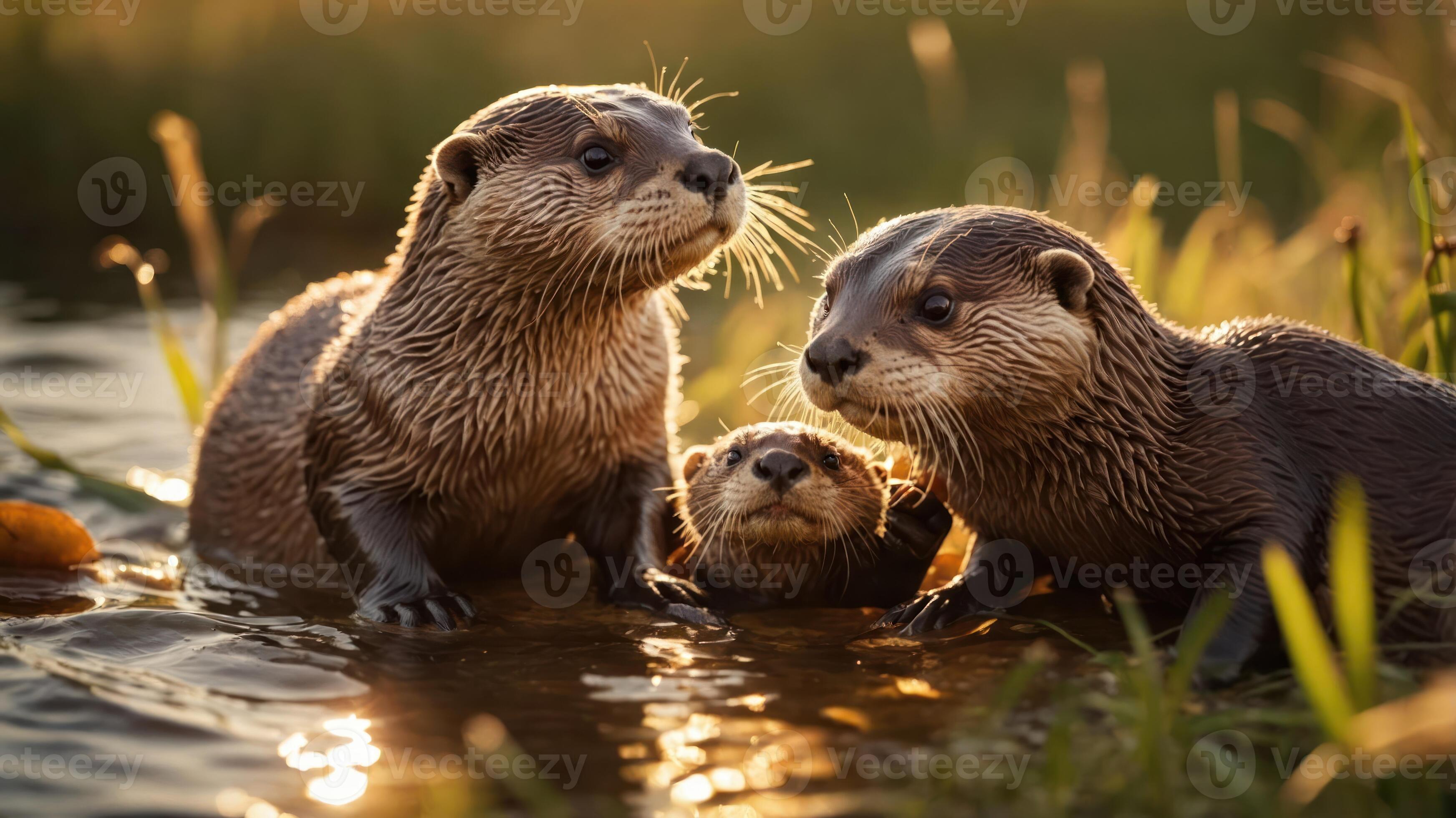 Three playful otters interacting near the water's edge during golden hour. 55367113 Stock Photo ...