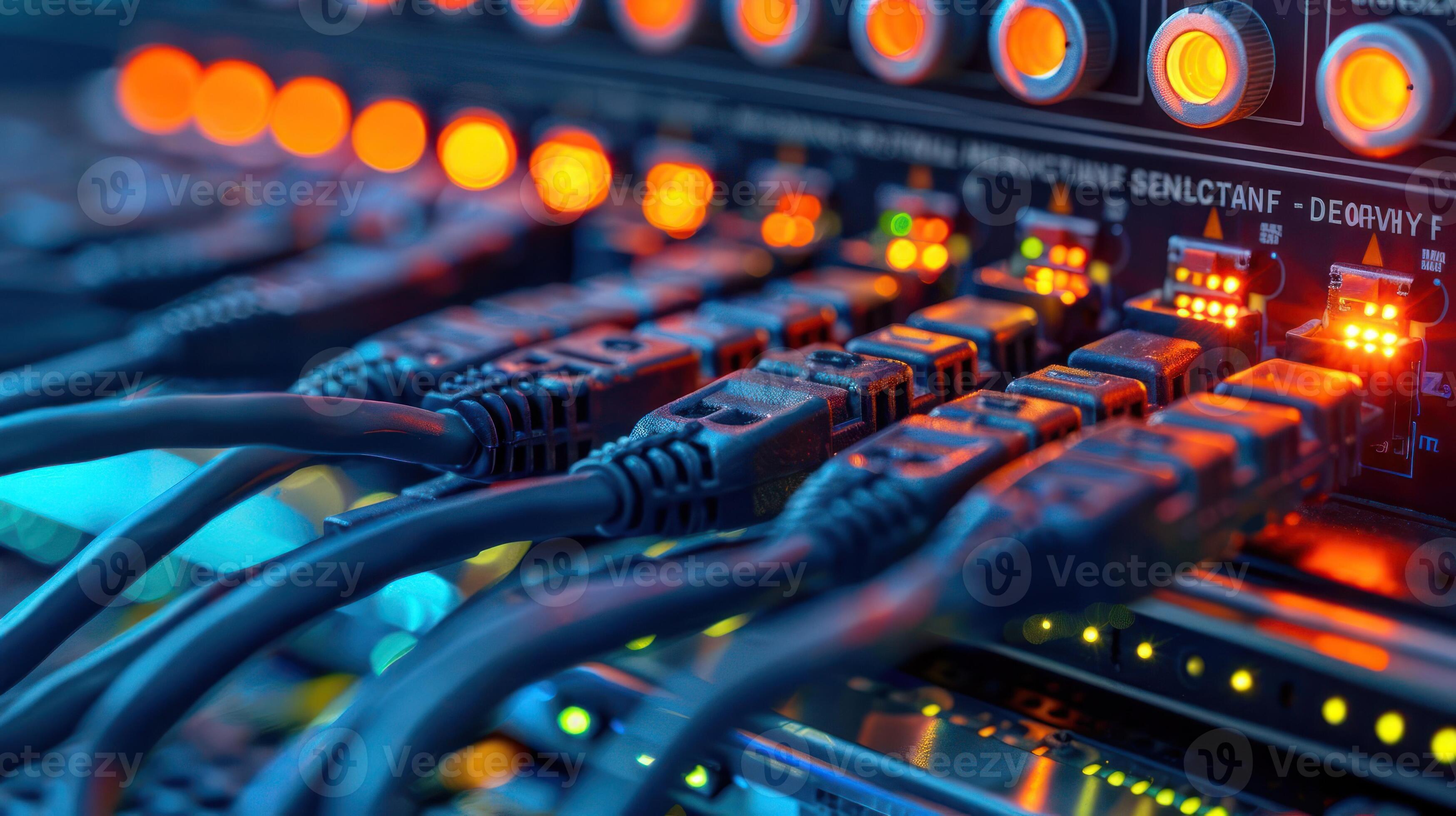Close-up of illuminated network cables connected to a server, showcasing data transfer in a tech ...