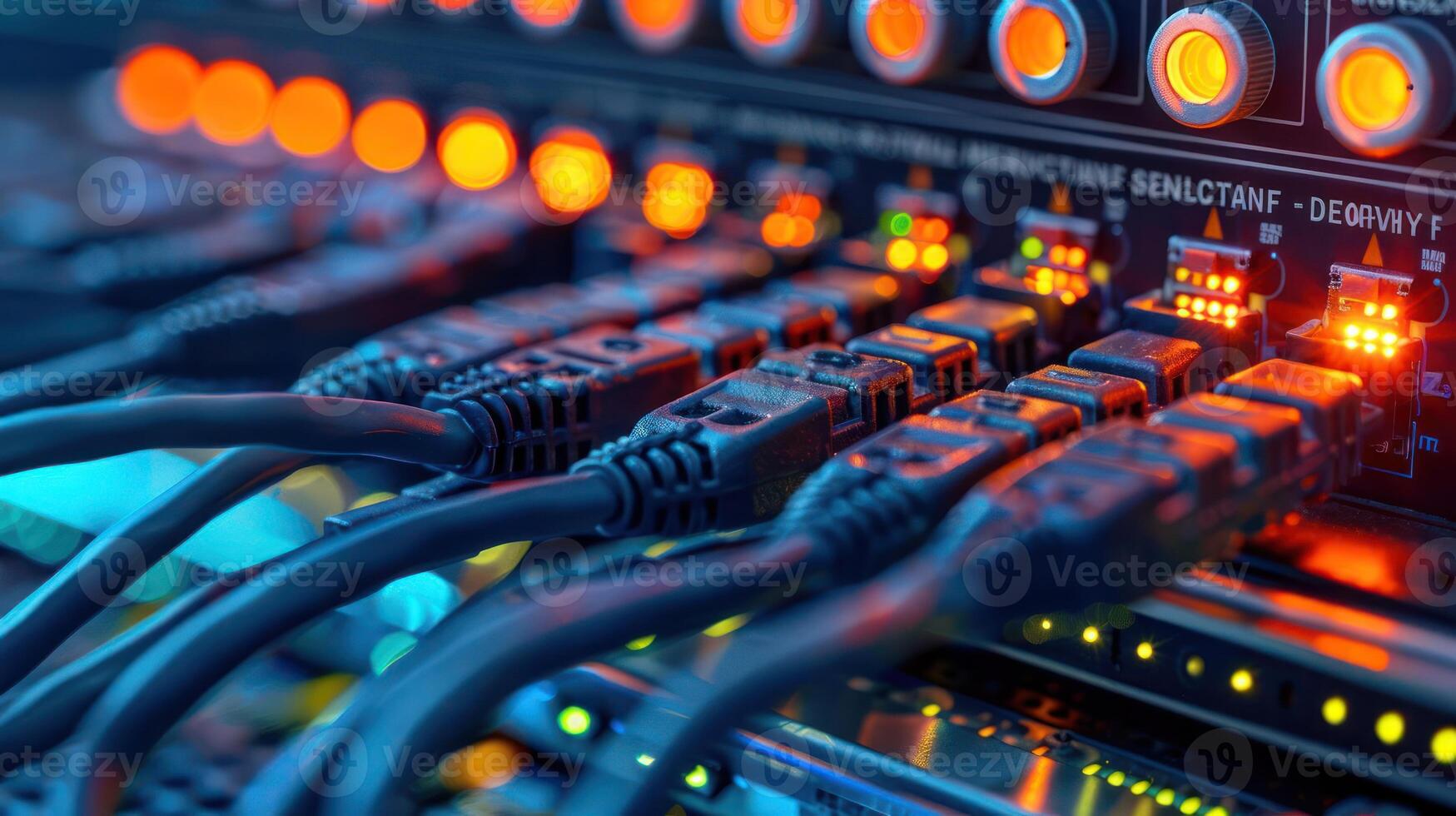 Close-up of illuminated network cables connected to a server, showcasing data transfer in a tech ...