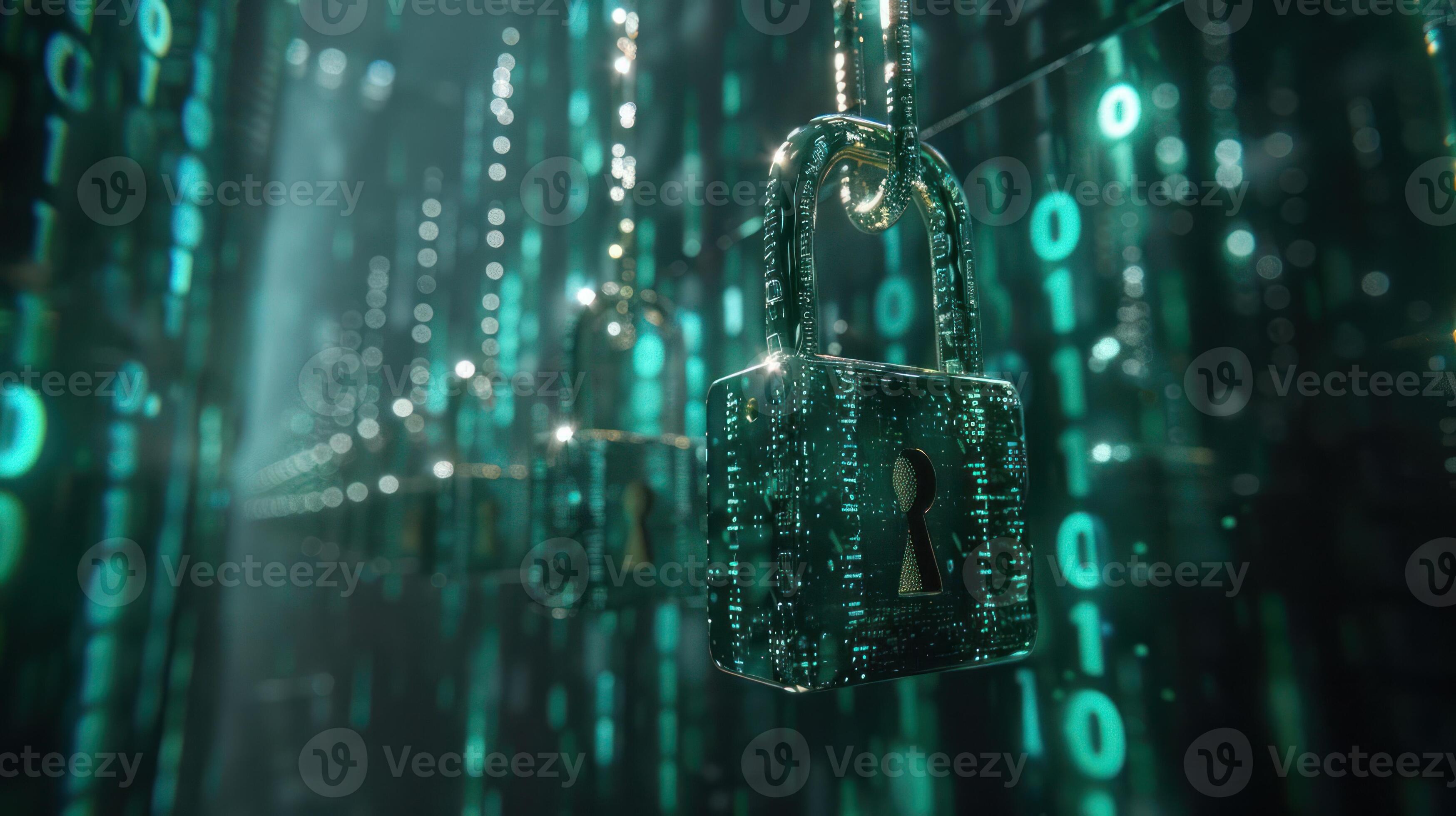 Digital locks suspended in a matrix of glowing binary code, symbolizing cybersecurity and data ...