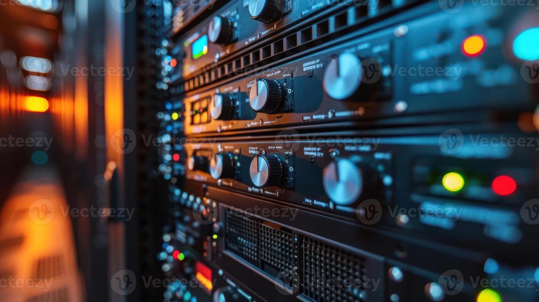 Close-up of server rack with illuminated controls and cables in a high-tech data center 55370148 ...