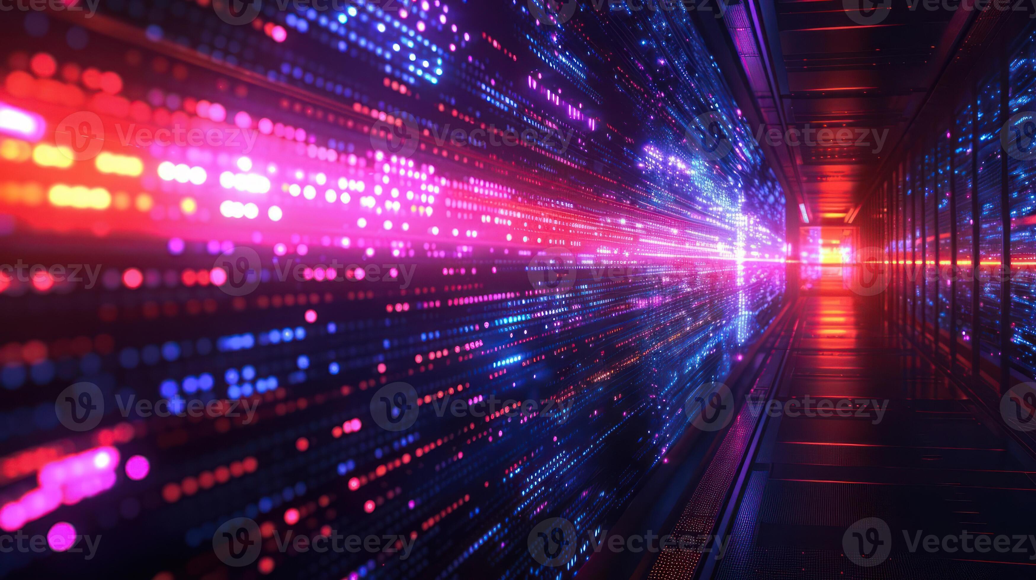 Vibrant data stream visualization in a futuristic corridor, showcasing ...