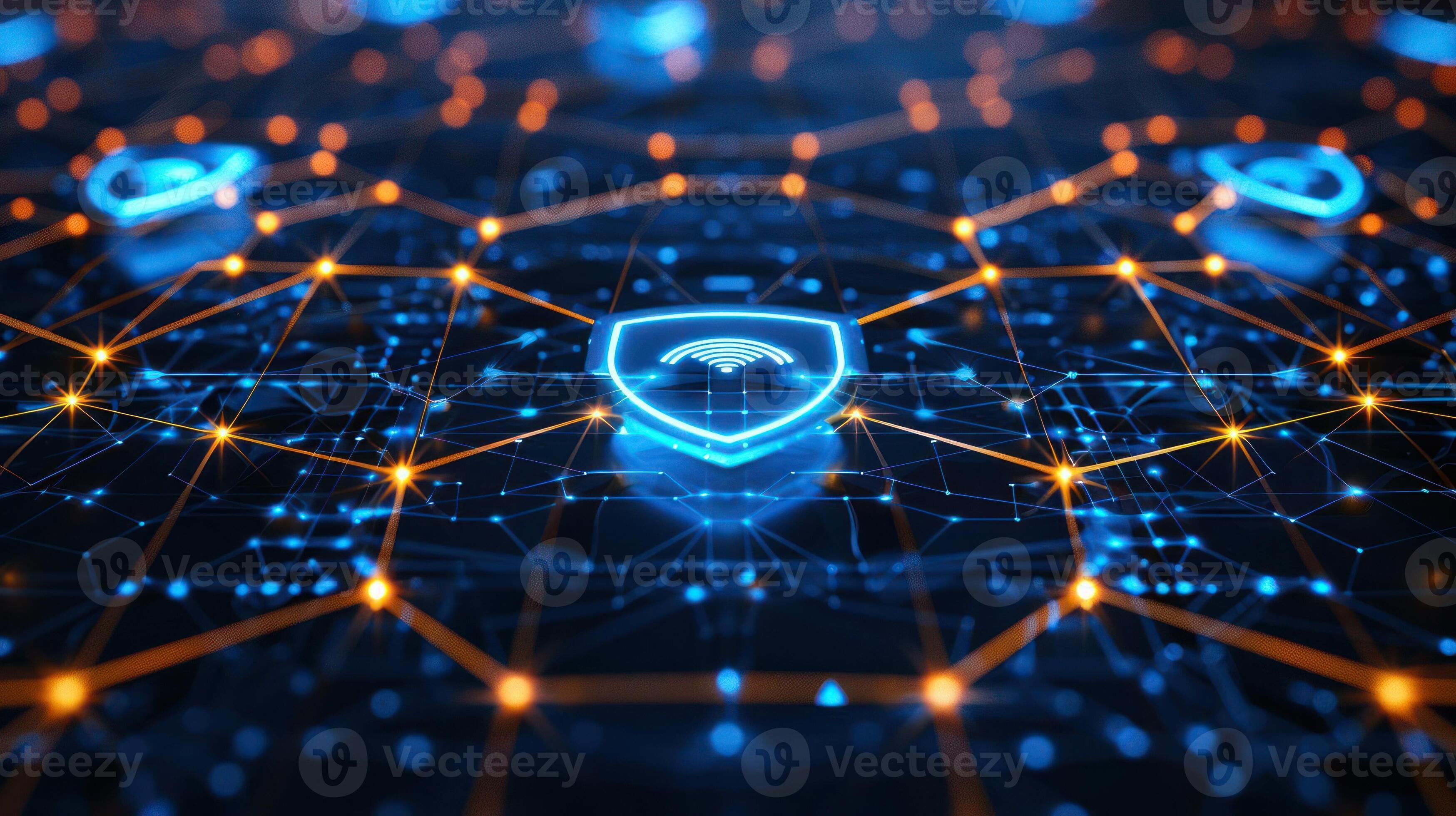 Abstract digital network with glowing nodes and shield icons representing cybersecurity ...