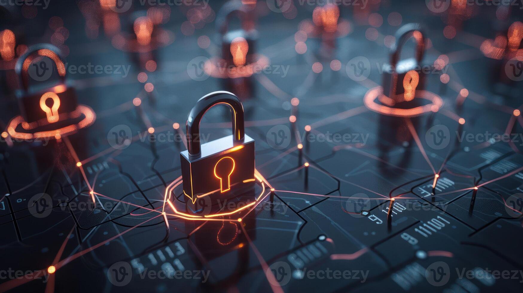 Digital locks connected by glowing lines on a circuit board, symbolizing cybersecurity networks ...