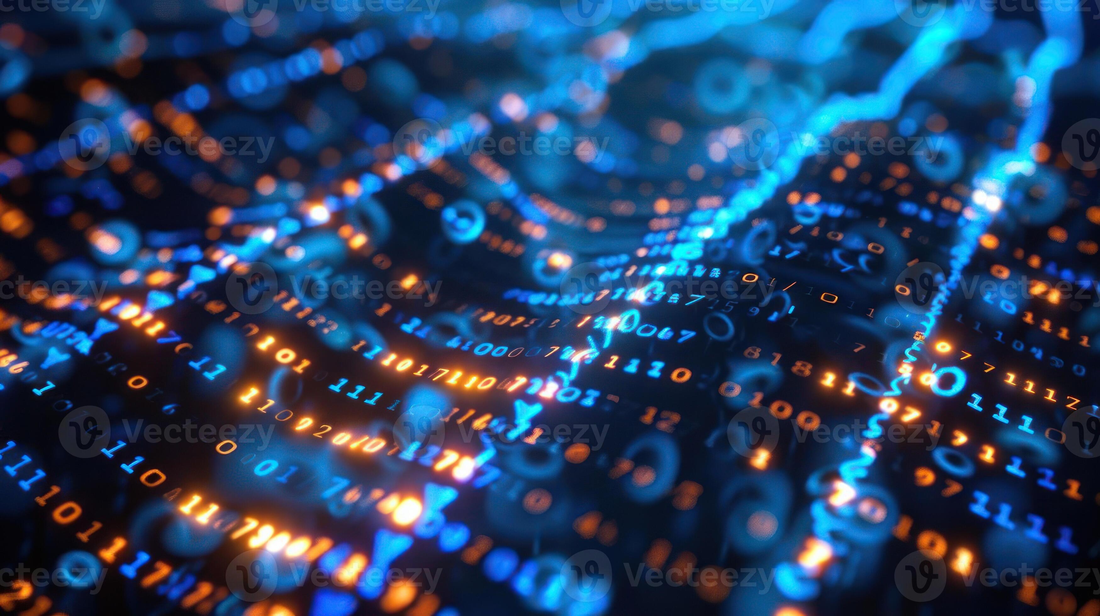 Abstract Representation Of Digital Data Flow With Glowing Binary Code And Blue Light Effects