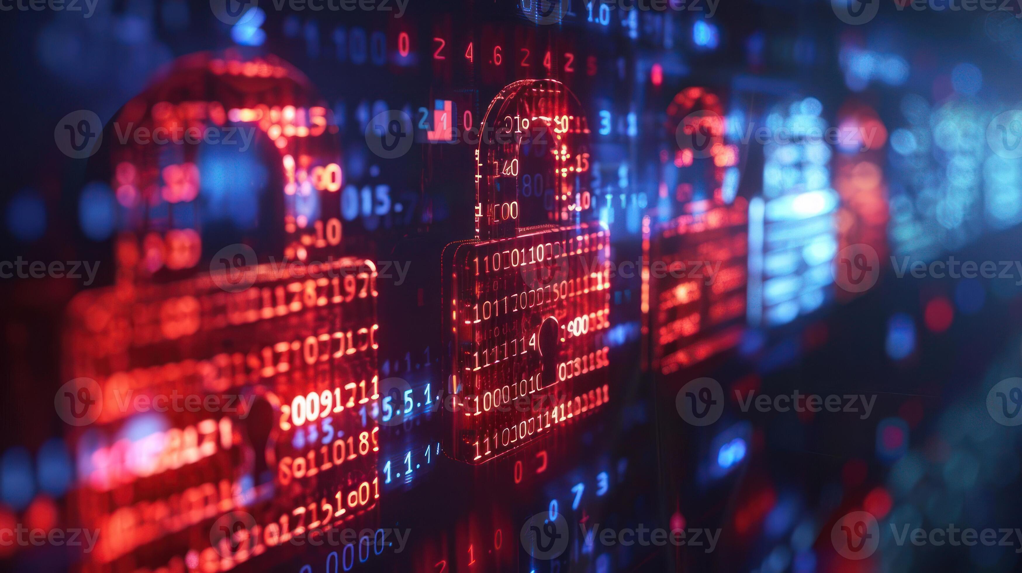 Abstract Representation Of Digital Security With Glowing Padlocks And Binary Code In A Tech