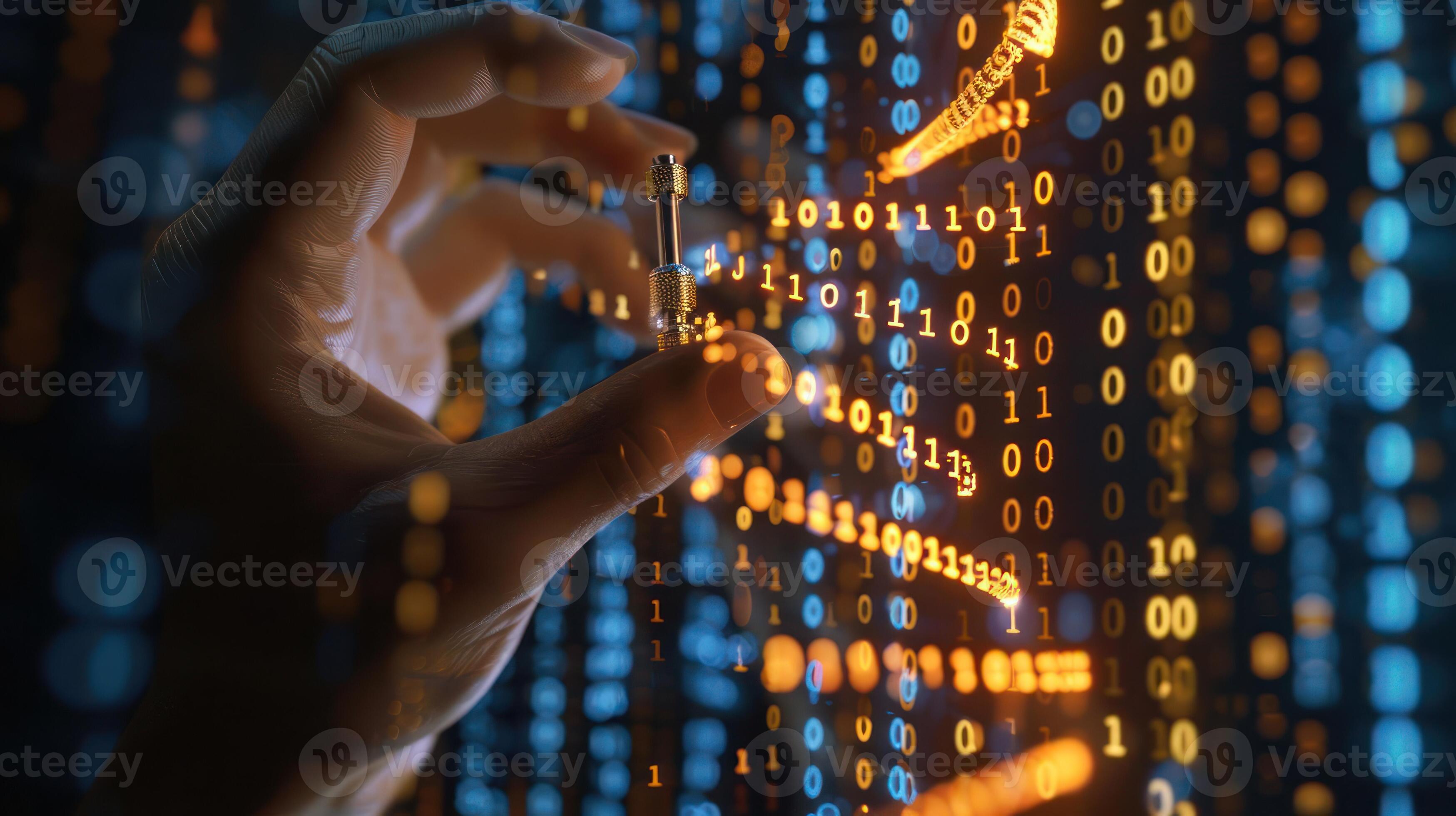 A close-up of a hand manipulating a digital binary code display, illustrating data interaction ...