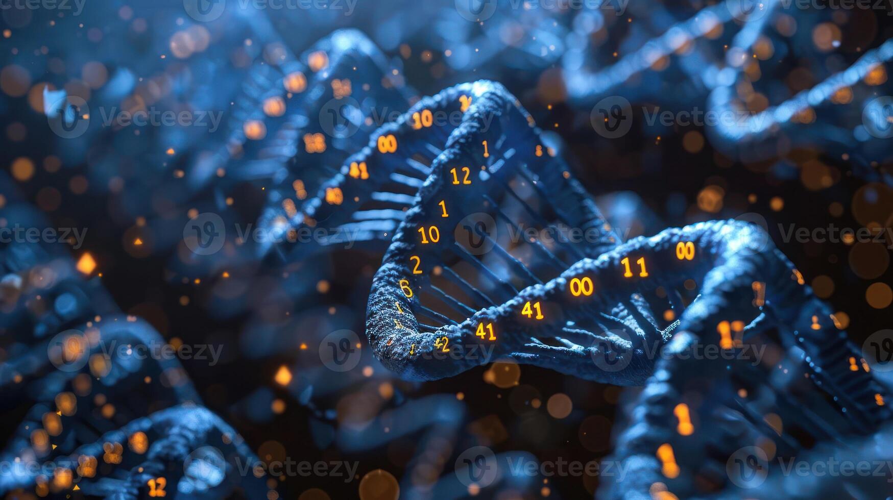 Abstract representation of a DNA double helix with glowing numbers and bokeh effect in ...
