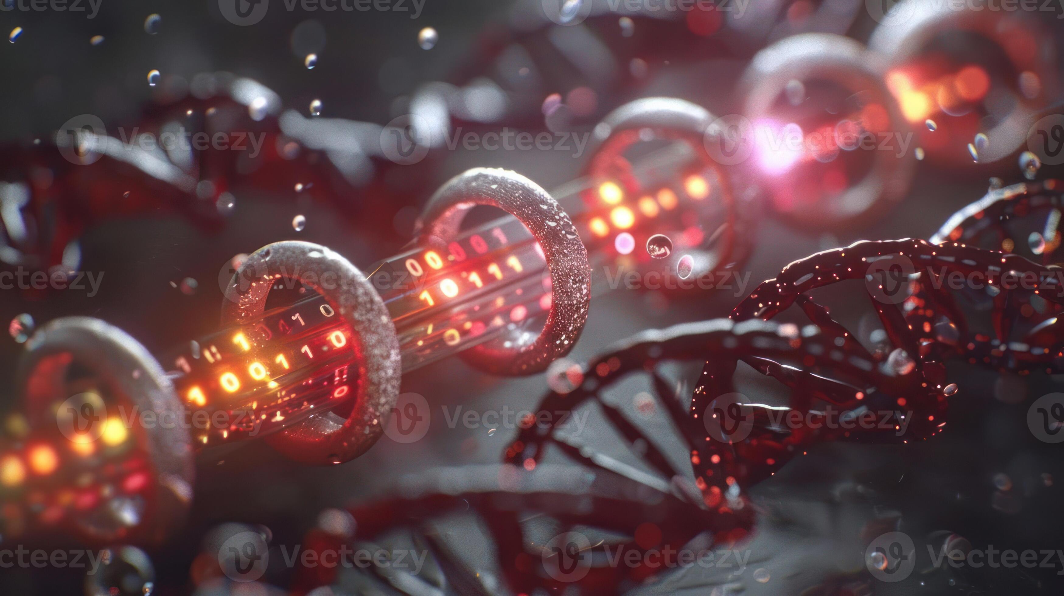 Abstract Representation Of Dna Structure Intertwined With Glowing Binary Code And Digital