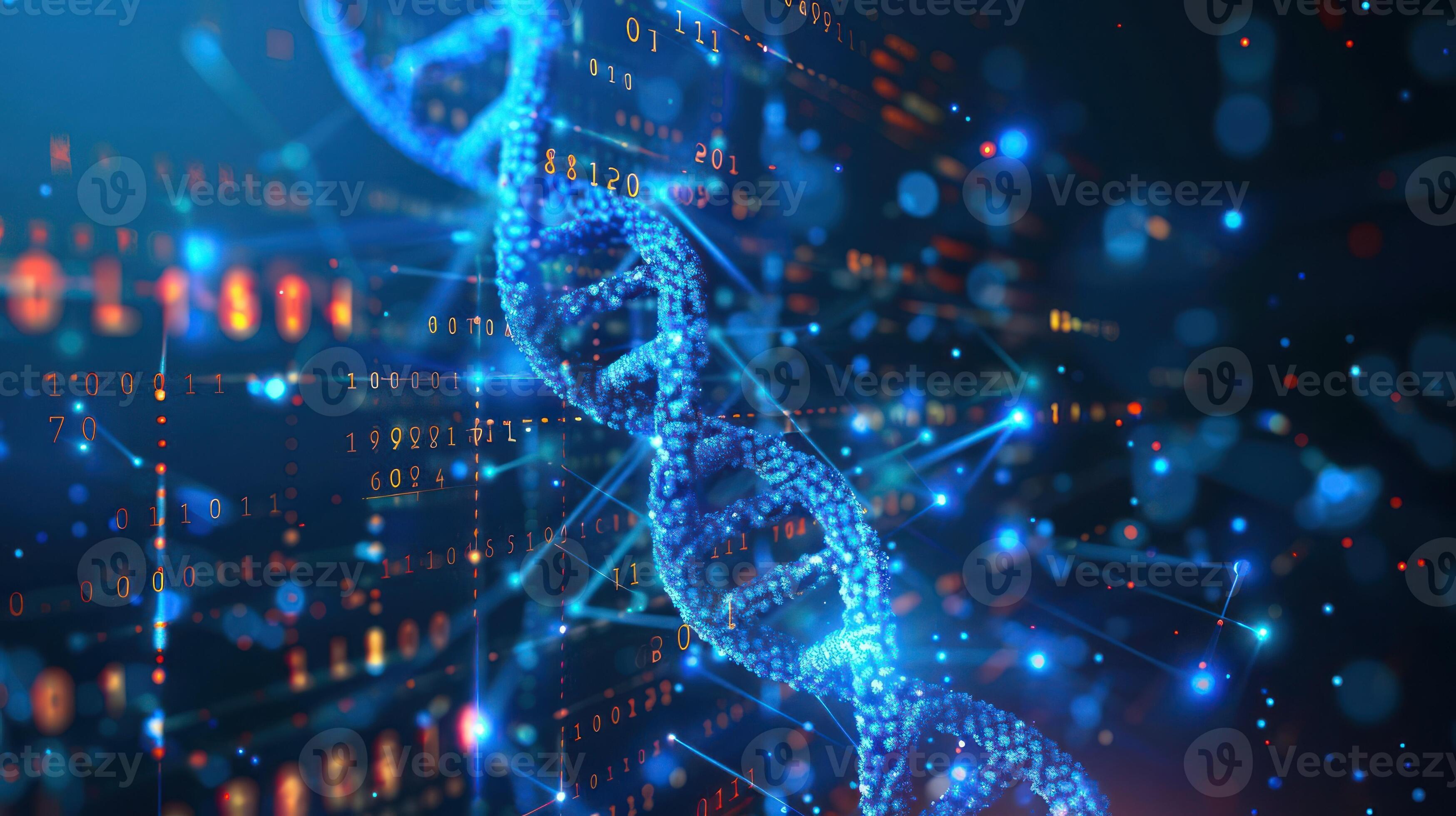 Abstract Representation Of Dna Structure Amidst Digital Data Flow And Glowing Particles 55370553