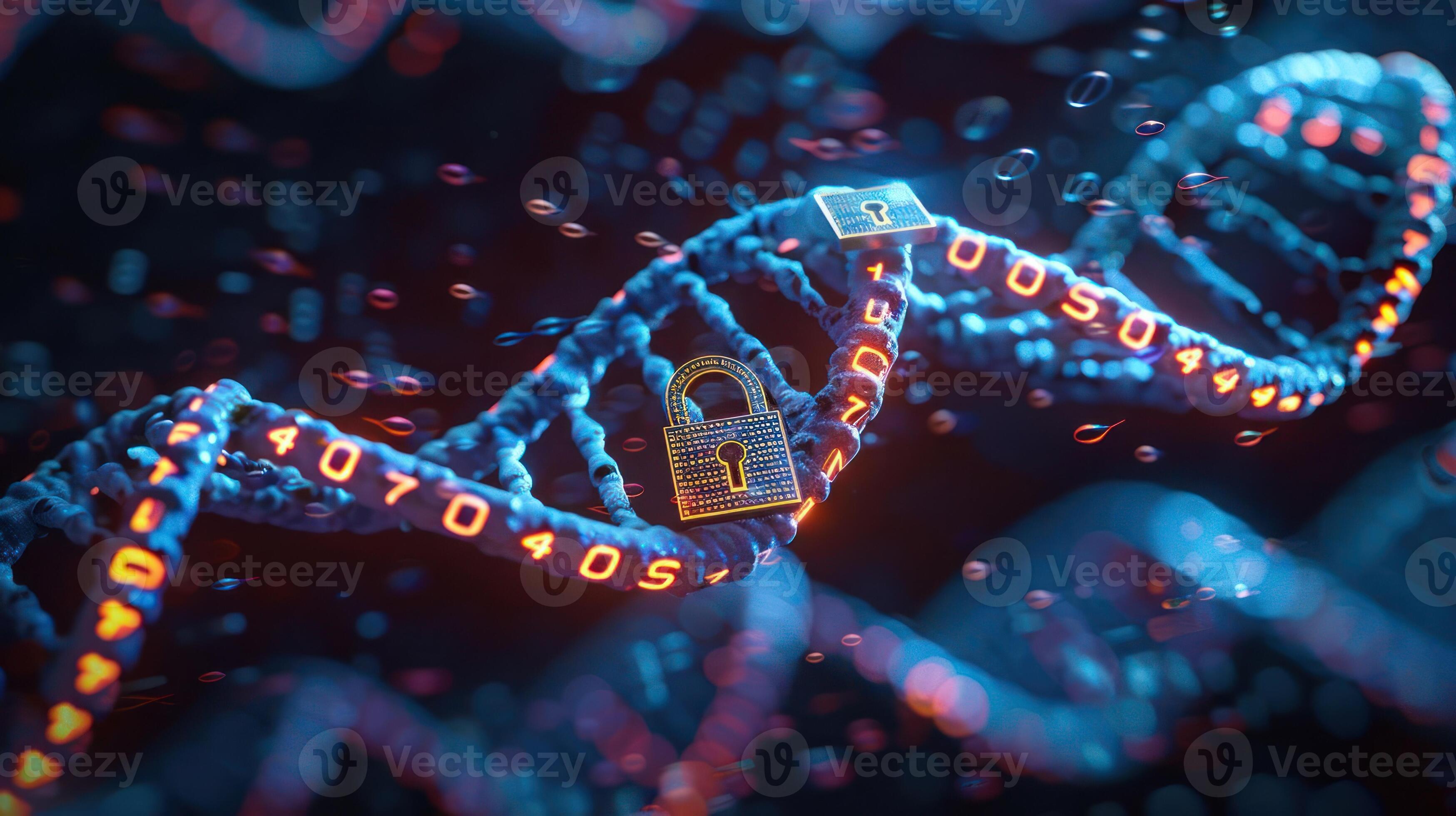 Abstract Representation Of Dna Strands Intertwined With Digital Data And A Padlock Symbolizing