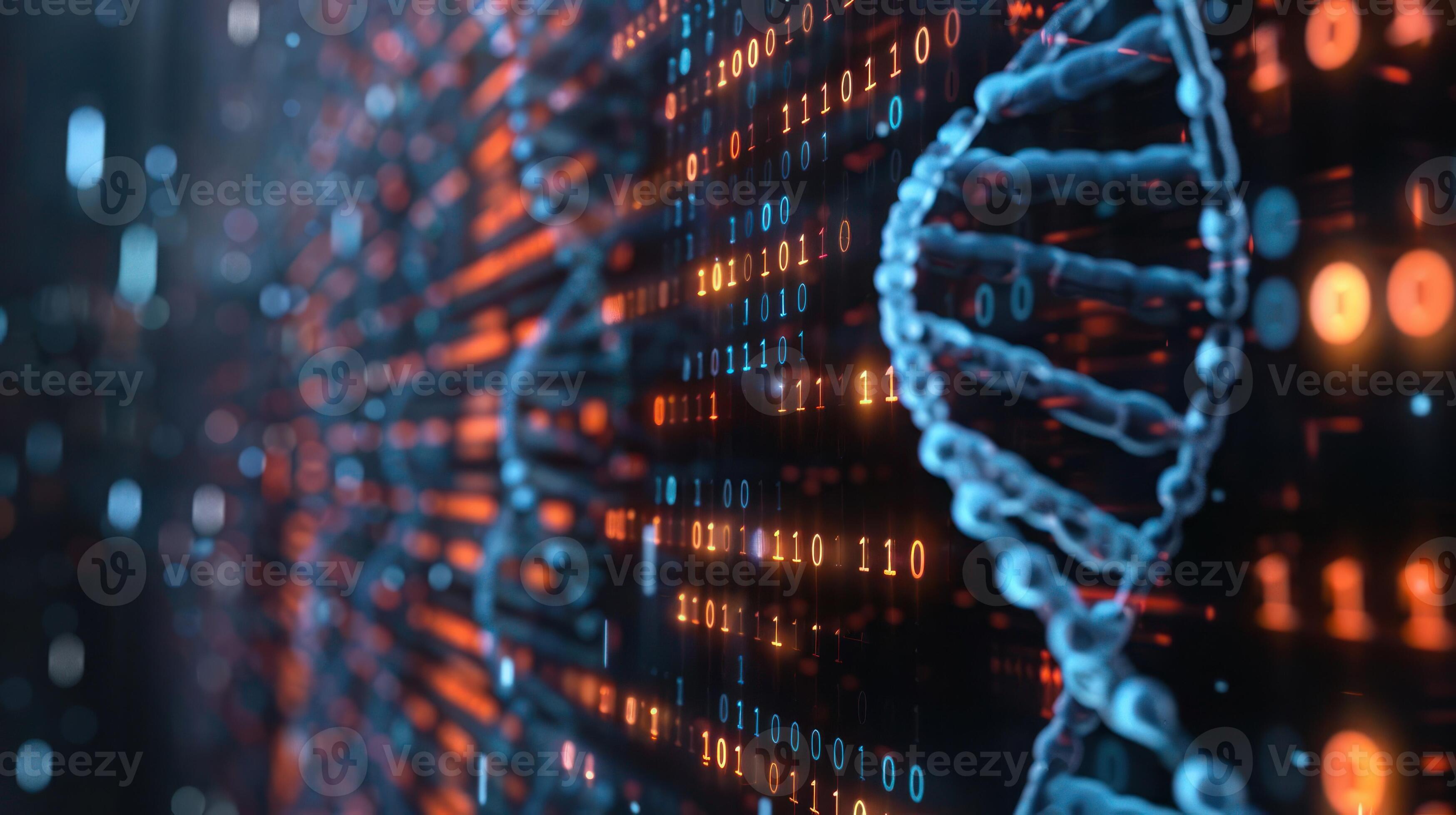 Abstract representation of DNA strands intertwined with binary code, showcasing technology and ...