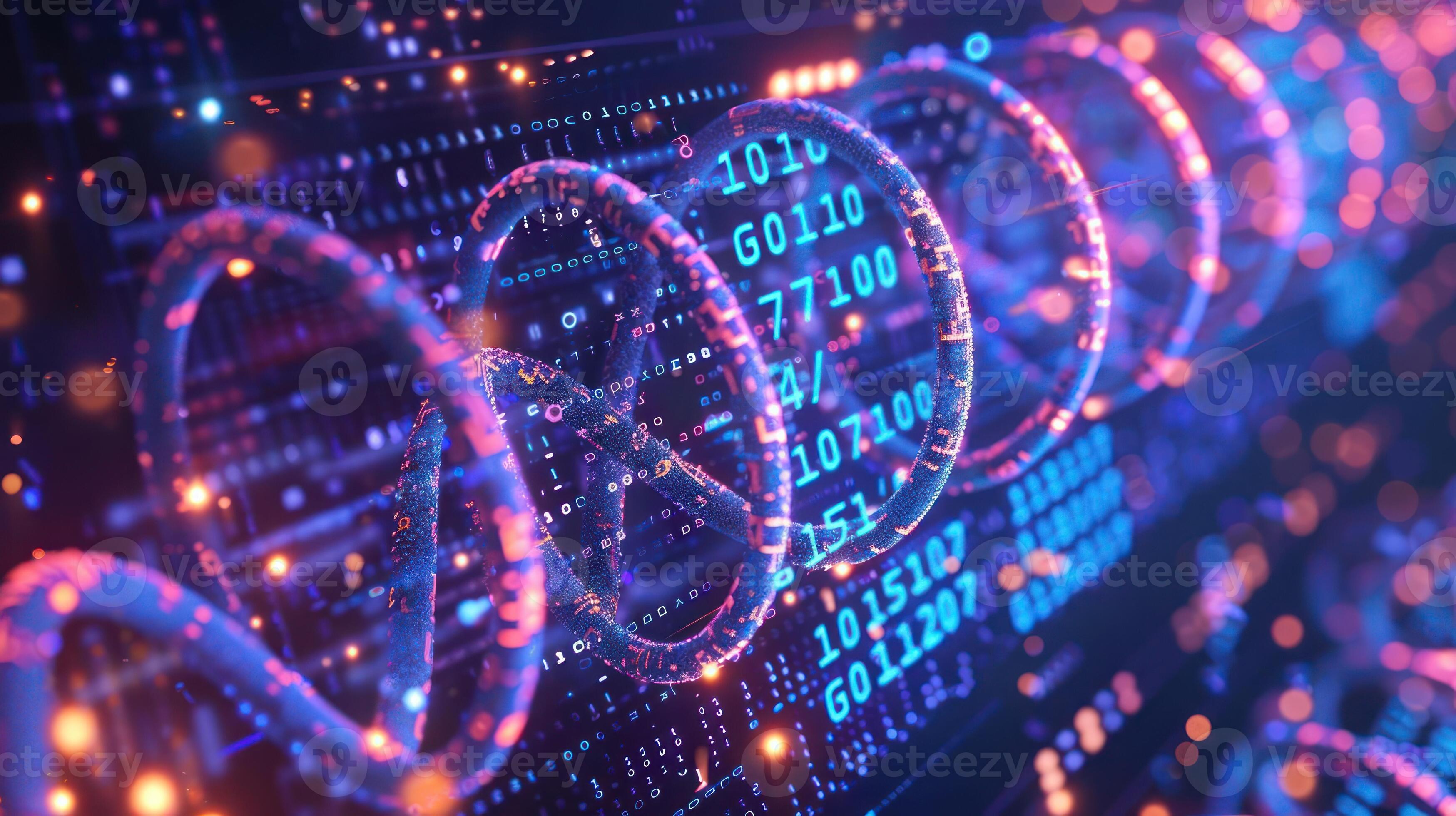 Abstract visualization of digital data streams and binary code in a futuristic environment ...