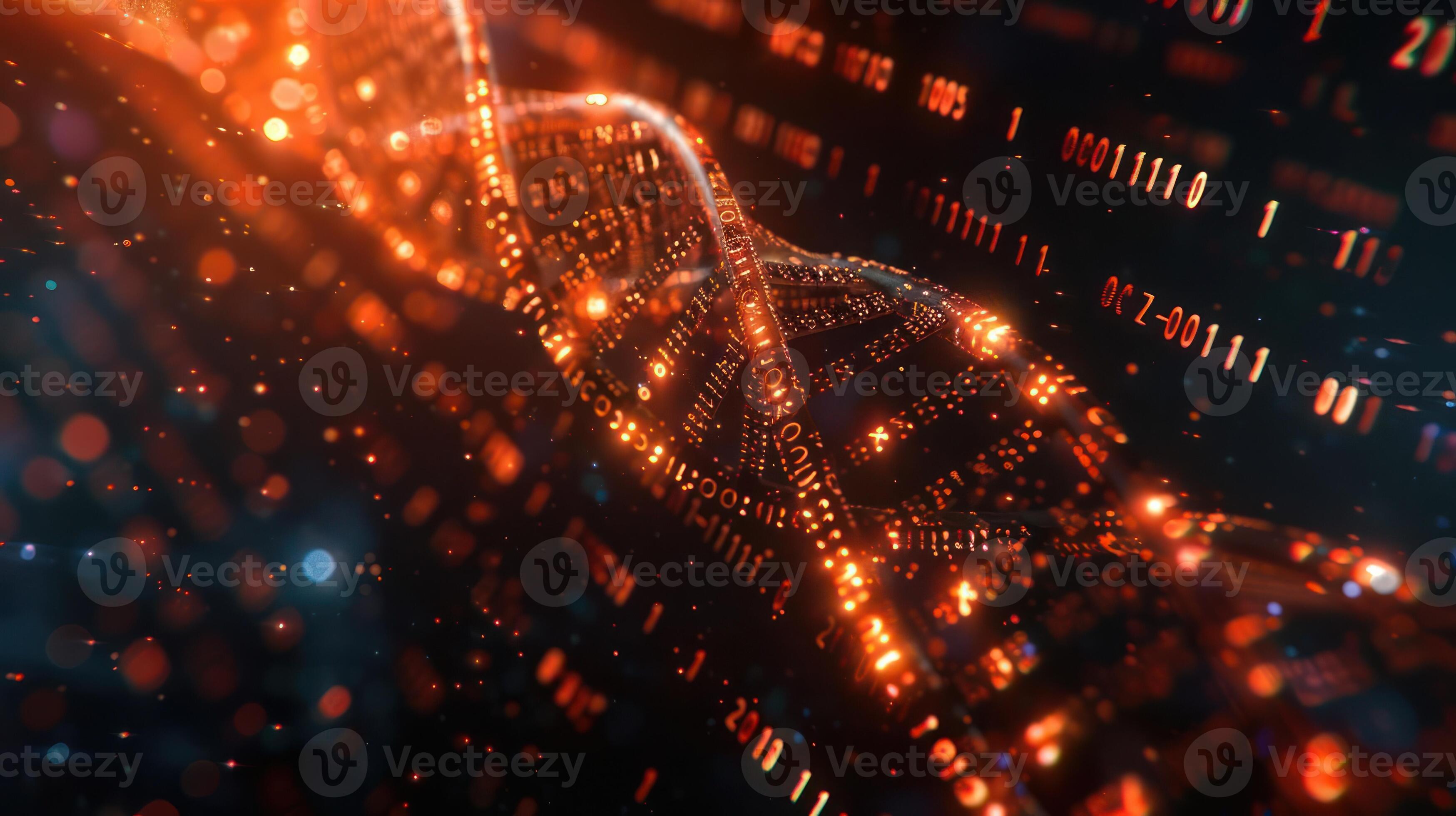 Abstract Representation Of Dna Strands Intertwined With Glowing Binary