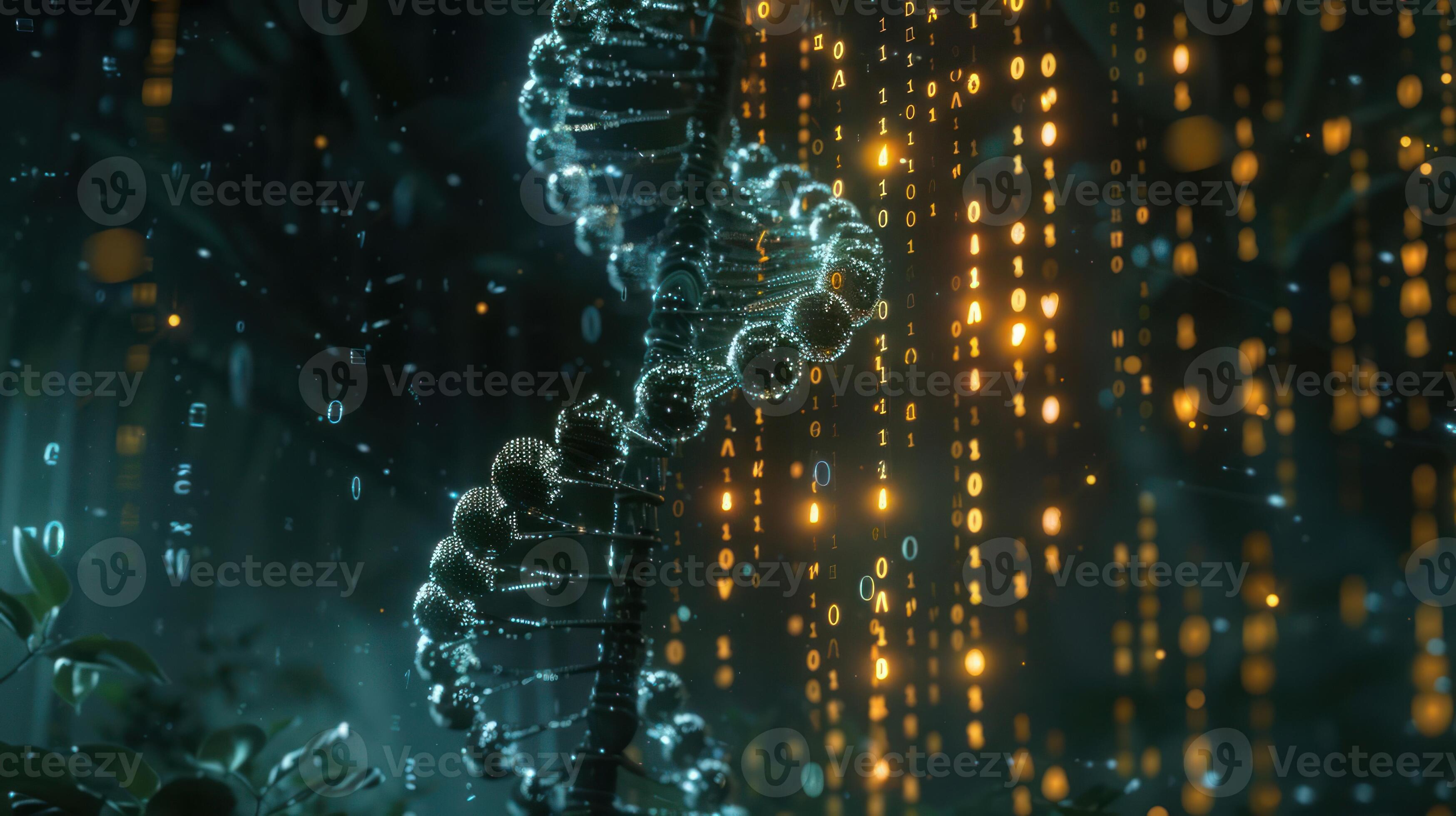 Abstract Visualization Of Dna Strands Surrounded By Glowing Binary Code In A Lush Environment