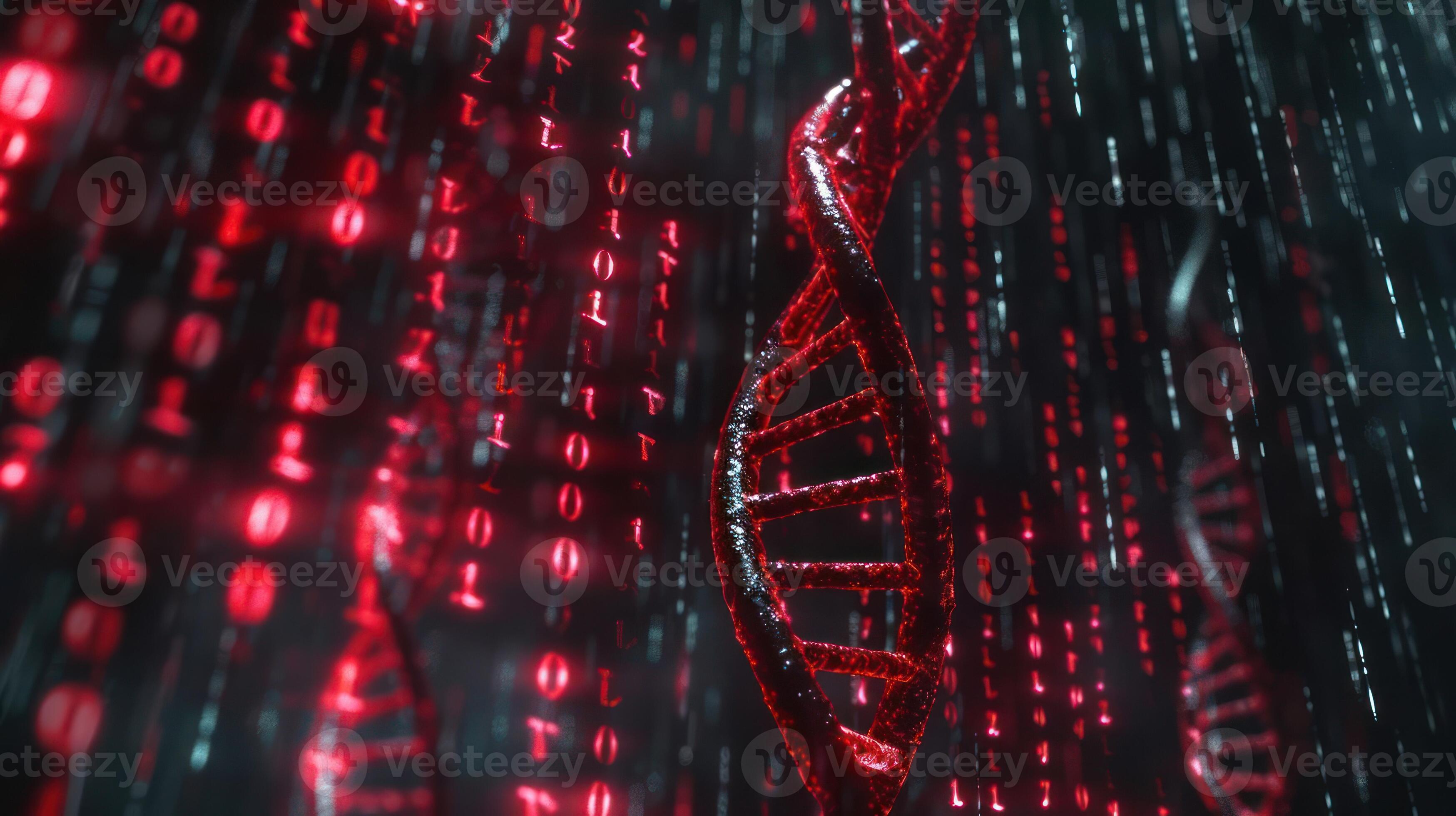 Abstract Representation Of Dna Strands Intertwined With Digital Binary Code In A Dark